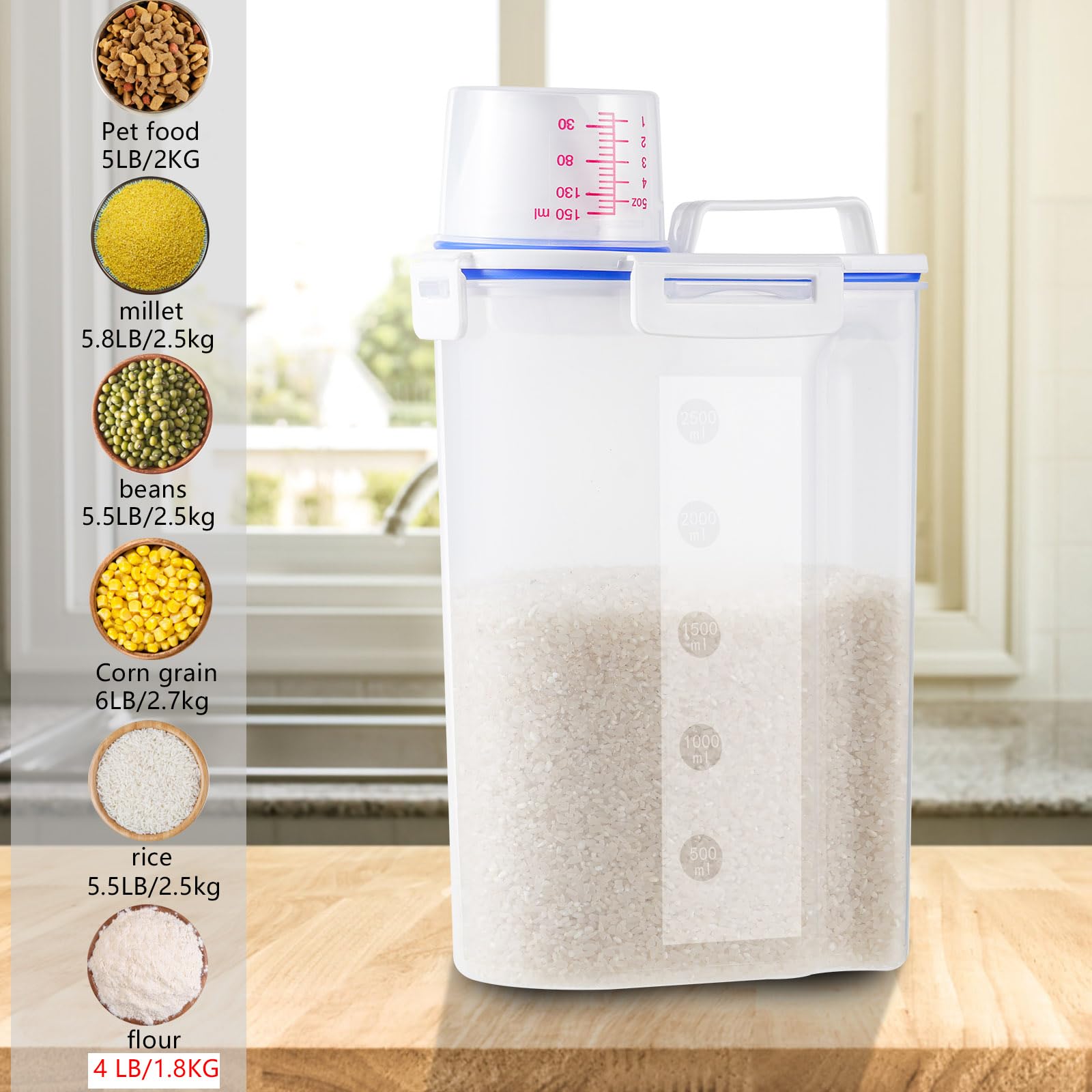 2 Pcs 5 lb Rice Dispenser Flour Storage Container, Airtight Dry Food Storage Bin with Pouring Spout & Measuring Cup, Kitchen Pantry Plastic Clear Jars for Oatmeal, Grain, Cereal, Pasta, Dog Pet Food
