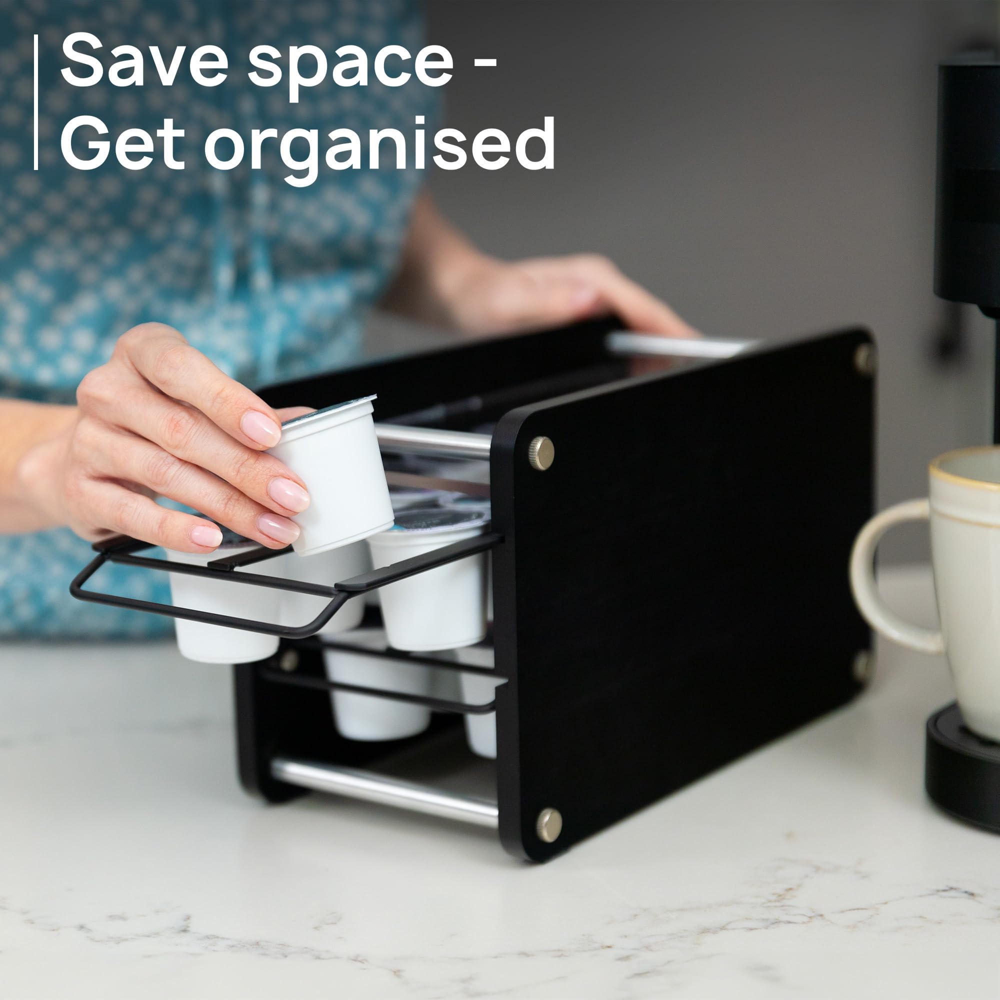 Ibyx Сoffee Pod Holders for K Cups - 2 Tier Coffee Pod Sliding Drawer for 20 K Cups Storage Capacity - Elegant Plexiglass Top and Metallic Coffee Pod Rack - Kitchen Counter Organizer (Black)