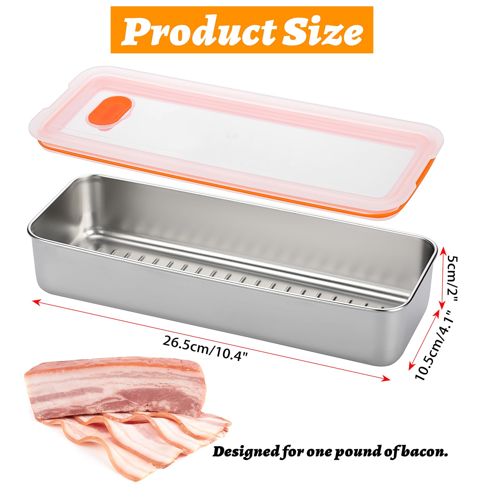 BSTKEY Bacon Container for Refrigerator, 304 Stainless Steel Airtight Deli Meat Saver Bacon Keeper for Fridge, Bacon Fresh Storage Container with Clear Lid, Dishwasher Safe, Fridge Organizer