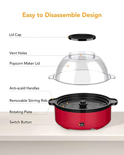 Electric Hot-oil Popcorn Popper Maker - Stir Crazy Popcorn Machine with Nonstick Plate & Stirring Rod, Large Lid for Serving Bowl and Two Measuring Spoons, 16-Cup for Home Christmas Party Kids