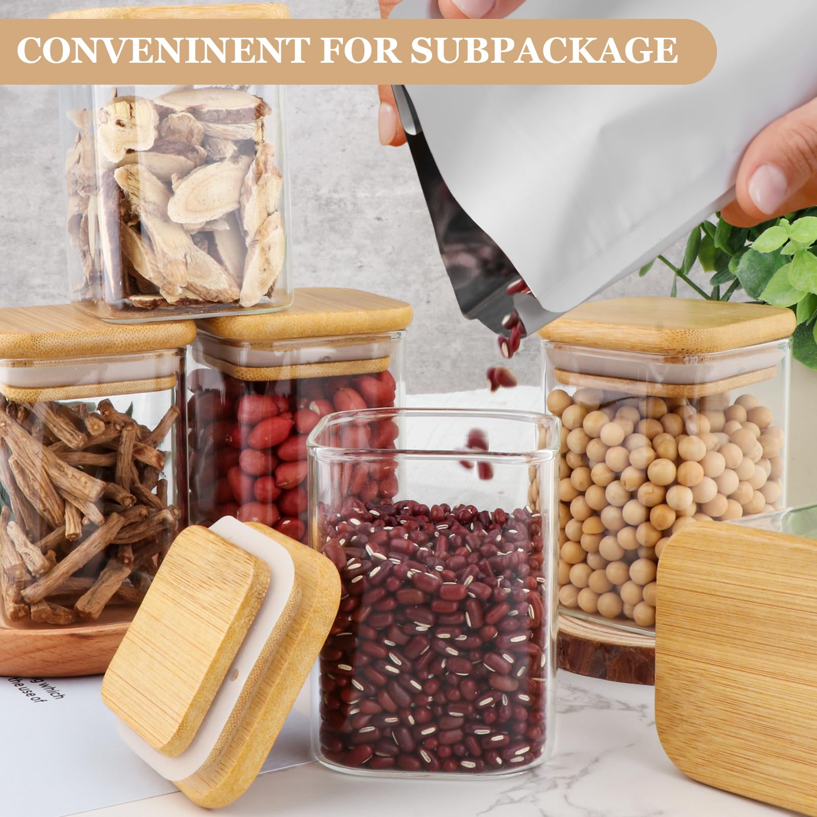 QLoztyse Glass Jars with Bamboo Lids - 9oz Glass Canisters with Airtight Lids Clear Pantry Storage Containers Small Square Glass Canister Set for Kitchen Spice (Set Of 10)