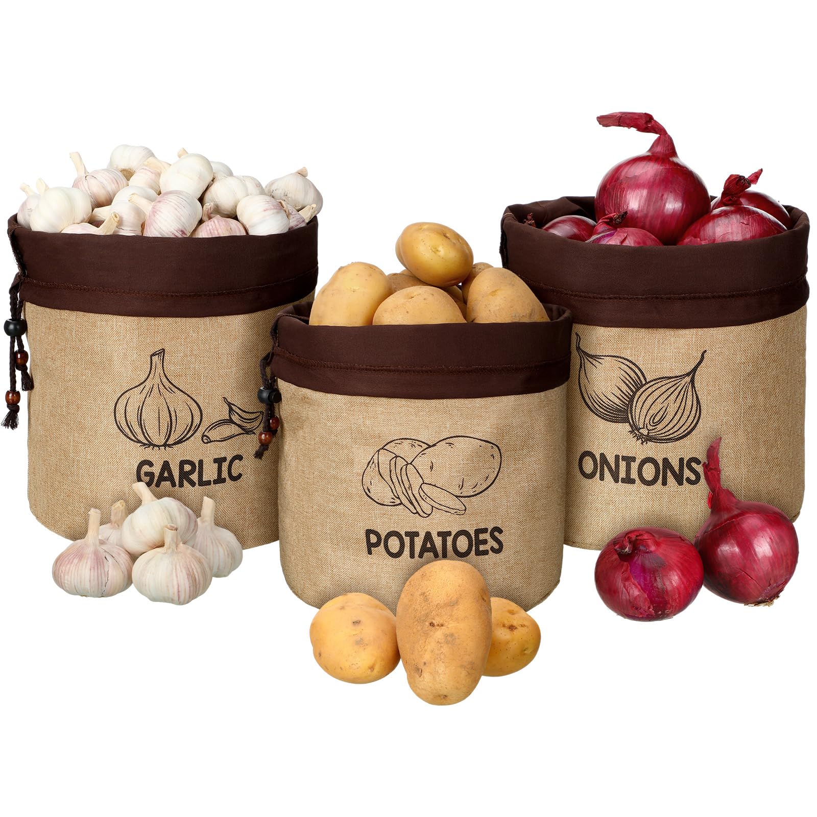 Wowangce 3 Pcs Onion Bags with Drawstring Sustainable Potato Bags with Blackout Lining Storage Farmhouse Kitchen Potato Sacks Food Potato Onion Garlic Storage Container for Pantry (Classic,Barncloth)