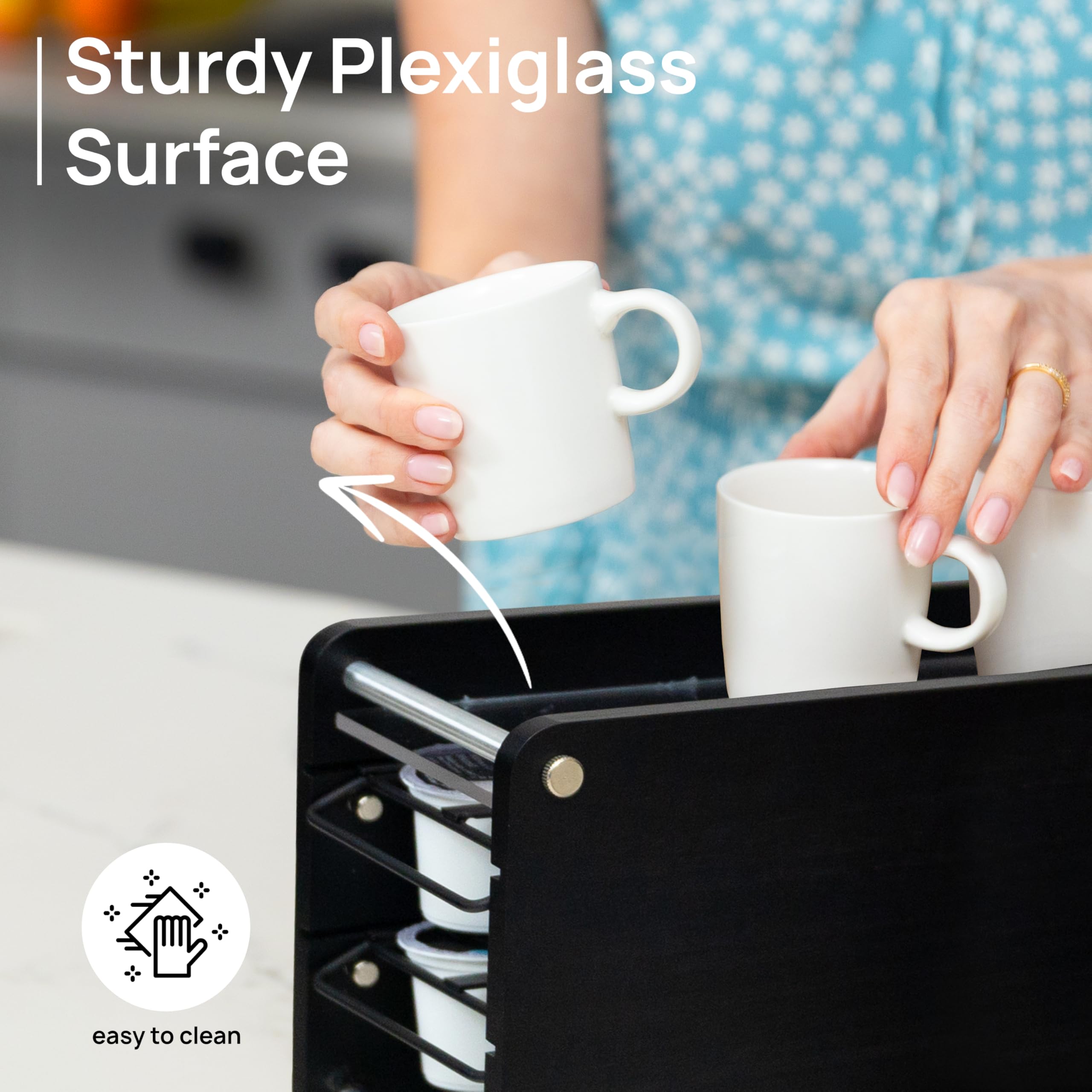 Ibyx Сoffee Pod Holders for K Cups - 2 Tier Coffee Pod Sliding Drawer for 20 K Cups Storage Capacity - Elegant Plexiglass Top and Metallic Coffee Pod Rack - Kitchen Counter Organizer (Black)