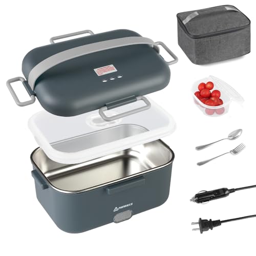 PHIWILLS 100W Electric Lunch Box, 1.8L Container with PP Lid, 12V/24V/110V Food Warmer Heater for Car/Truck/Work, Heated Lunchbox with 0.45L Compartment, Stainless Steel Spoon & Fork, Insulated Bag