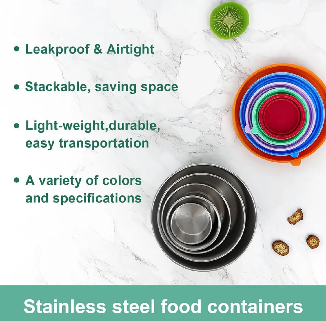 stainless steal containers with silicone lids, metal food containers with lids, stackable stainless steel food containers, lunch conteiners, food containers, food storage, containers, storage,