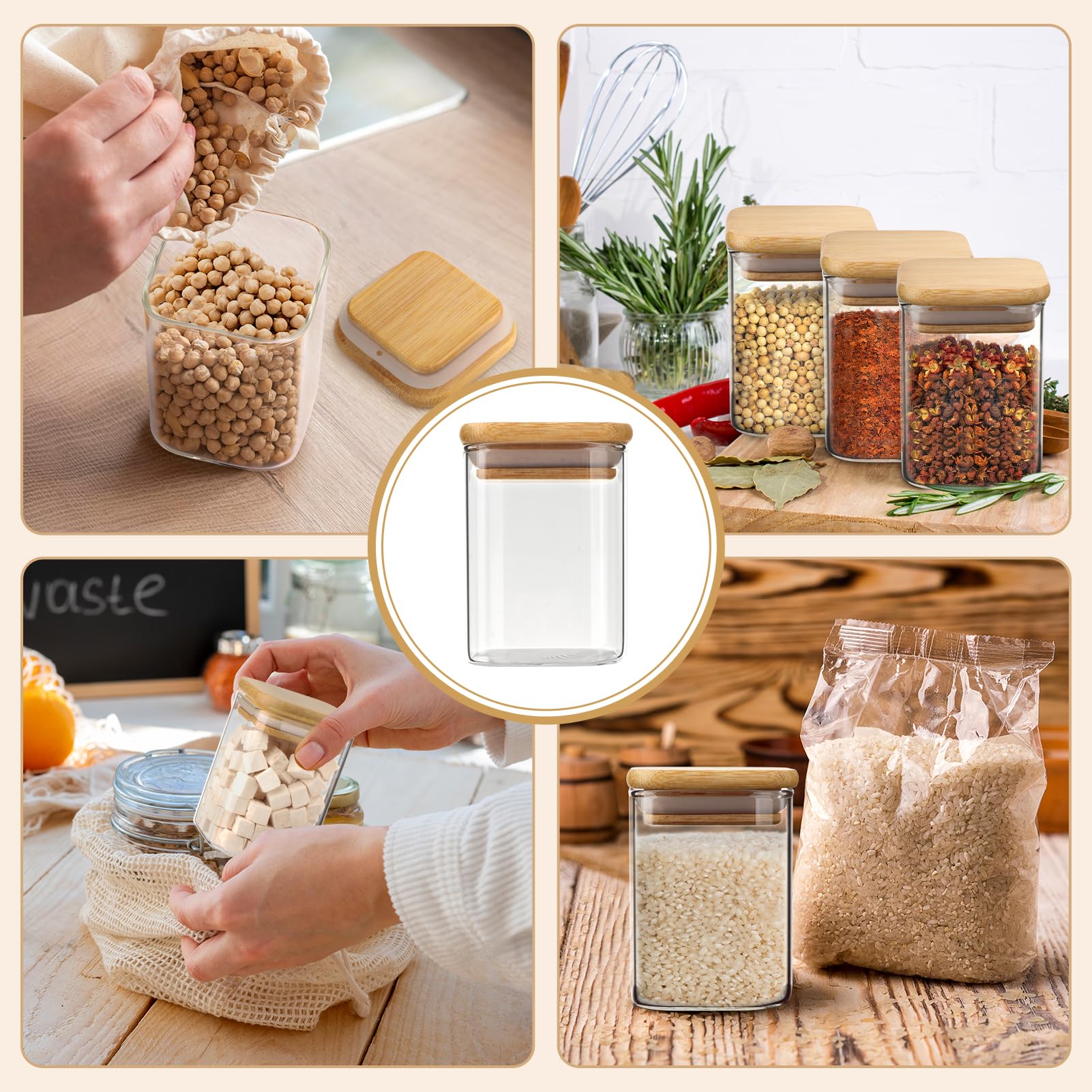 QLoztyse Glass Jars with Bamboo Lids - 9oz Glass Canisters with Airtight Lids Clear Pantry Storage Containers Small Square Glass Canister Set for Kitchen Spice (Set Of 10)