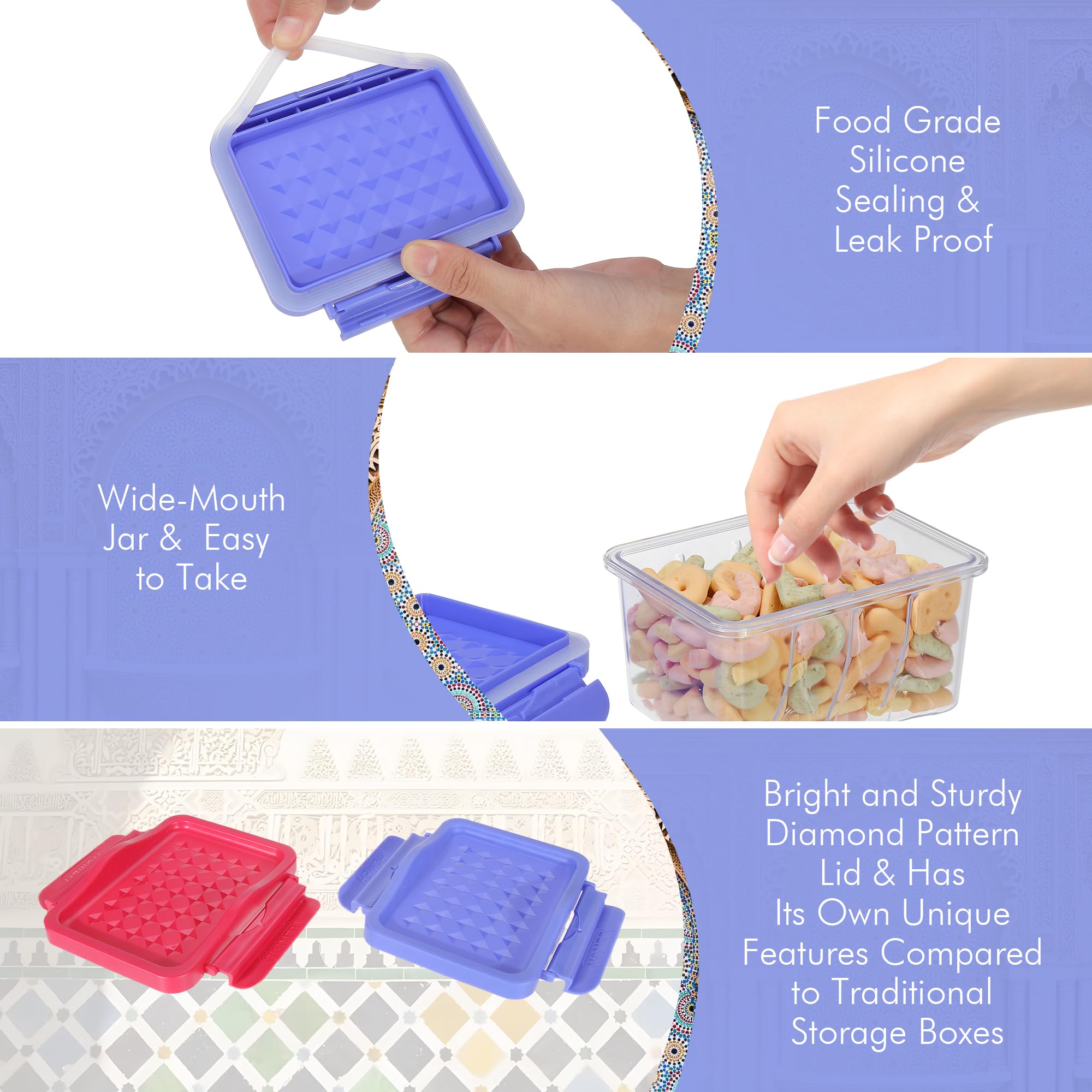 HOMER 8-Piece Moroccan Style Airtight Food Storage Containers - Versatile Kitchen Organizers with Easy Lock Sealing Lids - Includes Tall, Medium, Small & Mini Sizes - BPA-Free - Bonus Labels & Marker