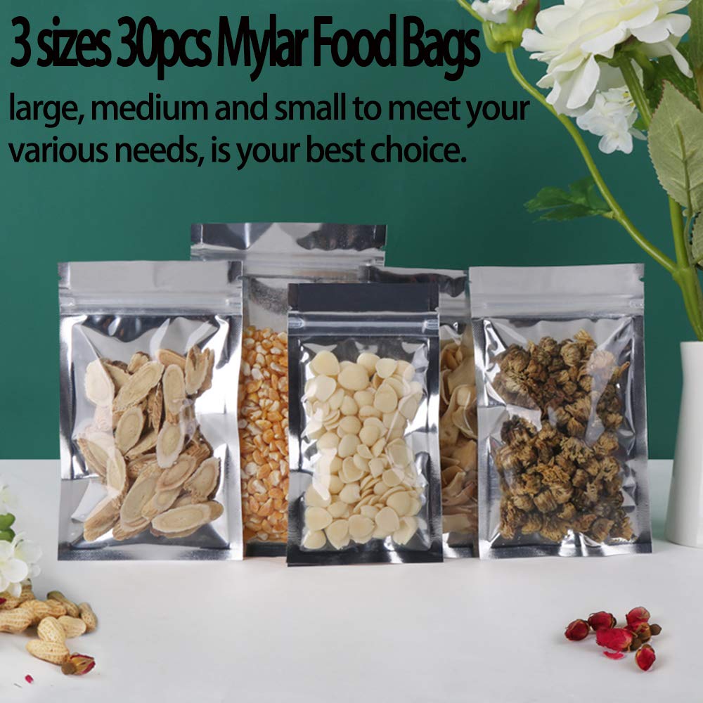 Daarcin Mylar Ziplock Bags | Foil Pouch Resealable Smell Proof Bags | Sealable Heat Seal Bags for Candy and Food Packaging (3 Size 30Pack Mixed)