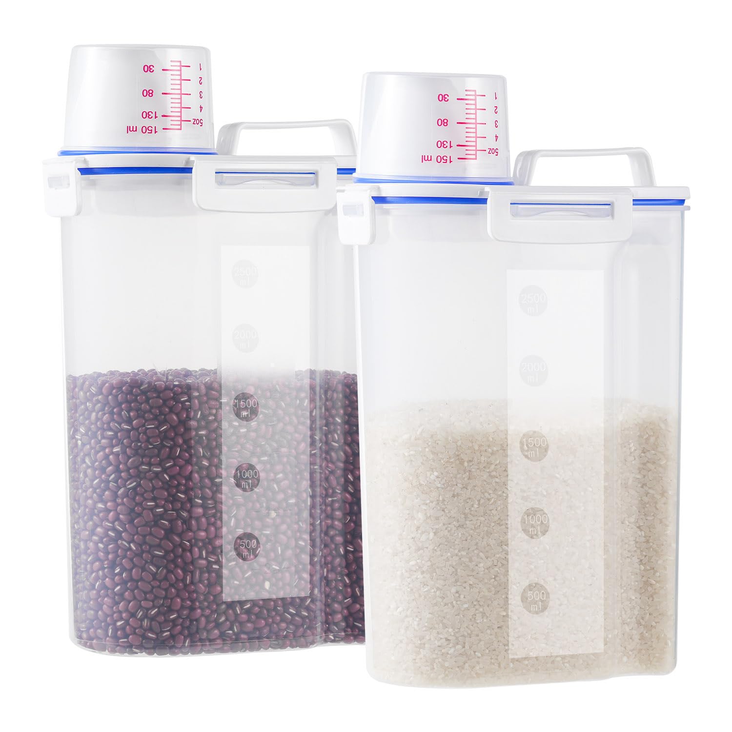 2 Pcs 5 lb Rice Dispenser Flour Storage Container, Airtight Dry Food Storage Bin with Pouring Spout & Measuring Cup, Kitchen Pantry Plastic Clear Jars for Oatmeal, Grain, Cereal, Pasta, Dog Pet Food