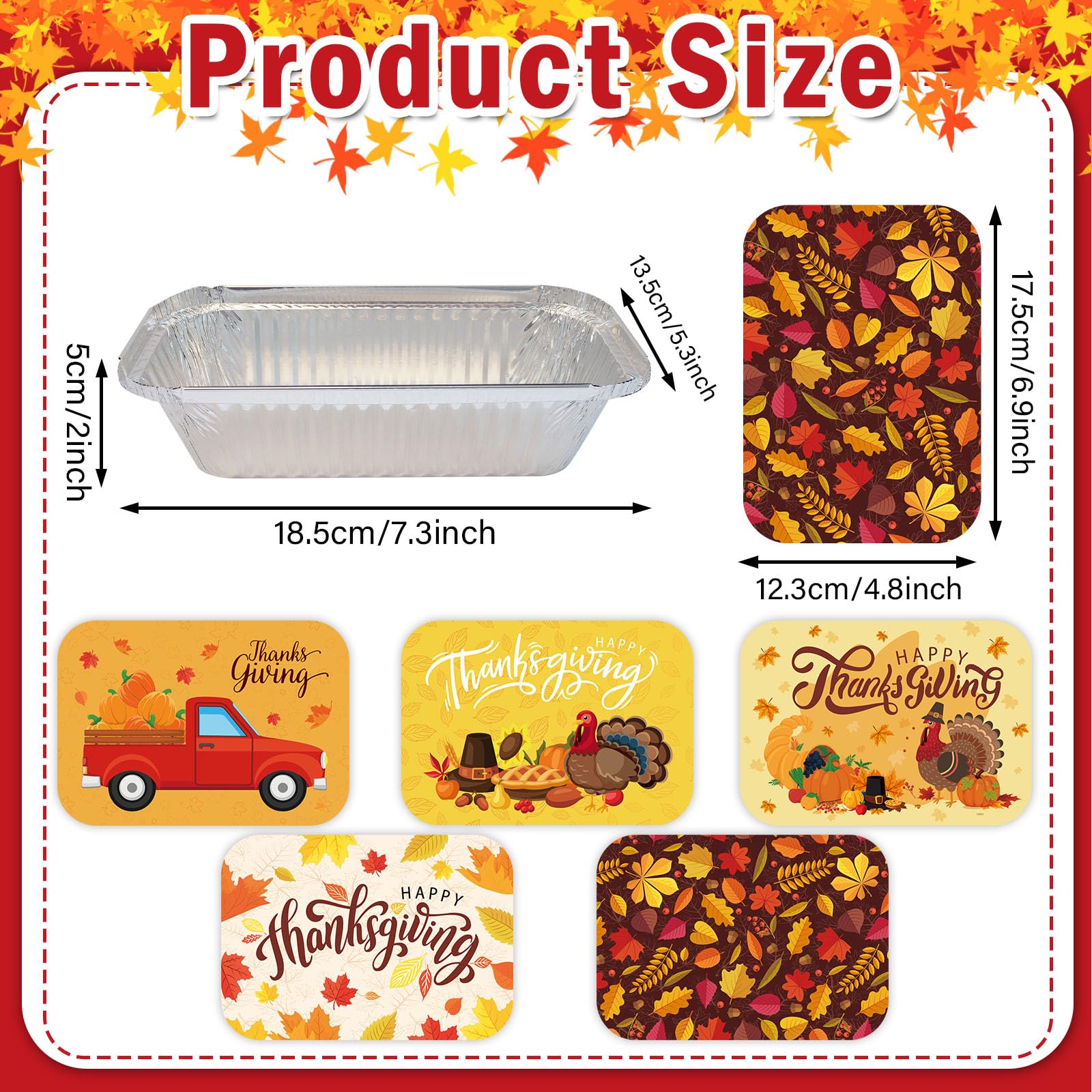 50Pcs Thanksgiving Take Home Containers Aluminum Food Containers with Lids Autumn Leftover Disposable Fall Hosting Essentials Party Favor Baking Cake Pans for Cooking,Heating,Roasting,BBQ 7.3x5.3 Inch