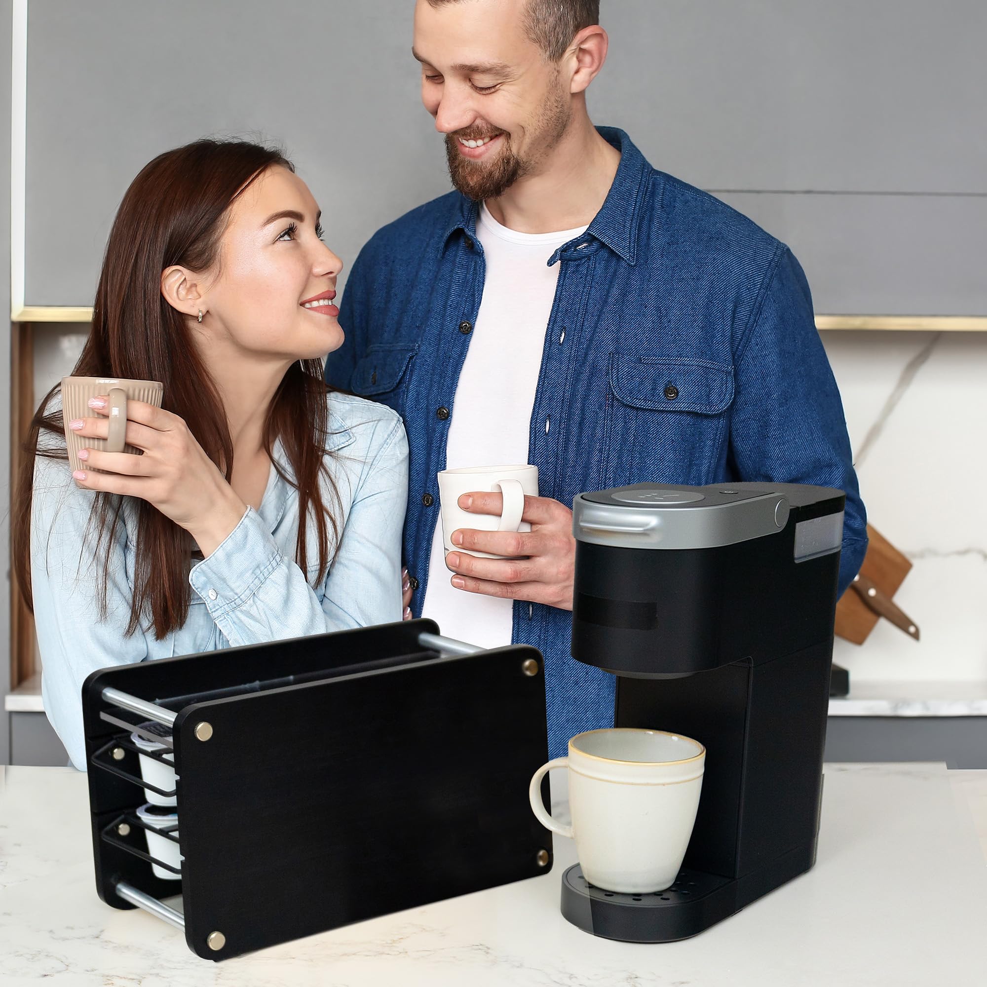 Ibyx Сoffee Pod Holders for K Cups - 2 Tier Coffee Pod Sliding Drawer for 20 K Cups Storage Capacity - Elegant Plexiglass Top and Metallic Coffee Pod Rack - Kitchen Counter Organizer (Black)