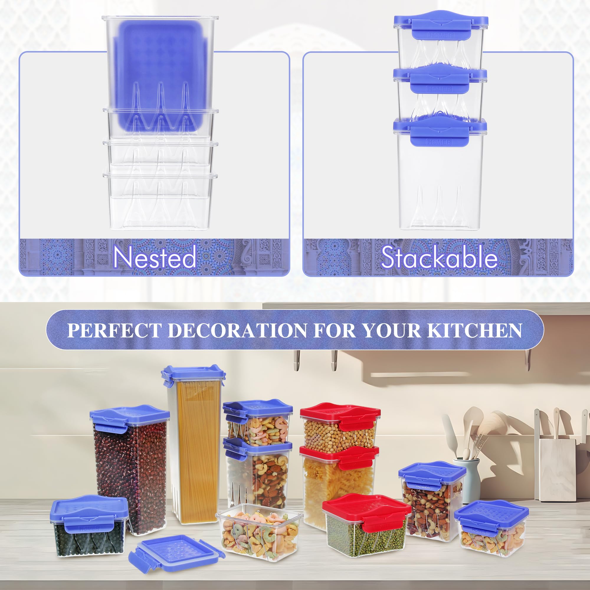 HOMER 8-Piece Moroccan Style Airtight Food Storage Containers - Versatile Kitchen Organizers with Easy Lock Sealing Lids - Includes Tall, Medium, Small & Mini Sizes - BPA-Free - Bonus Labels & Marker