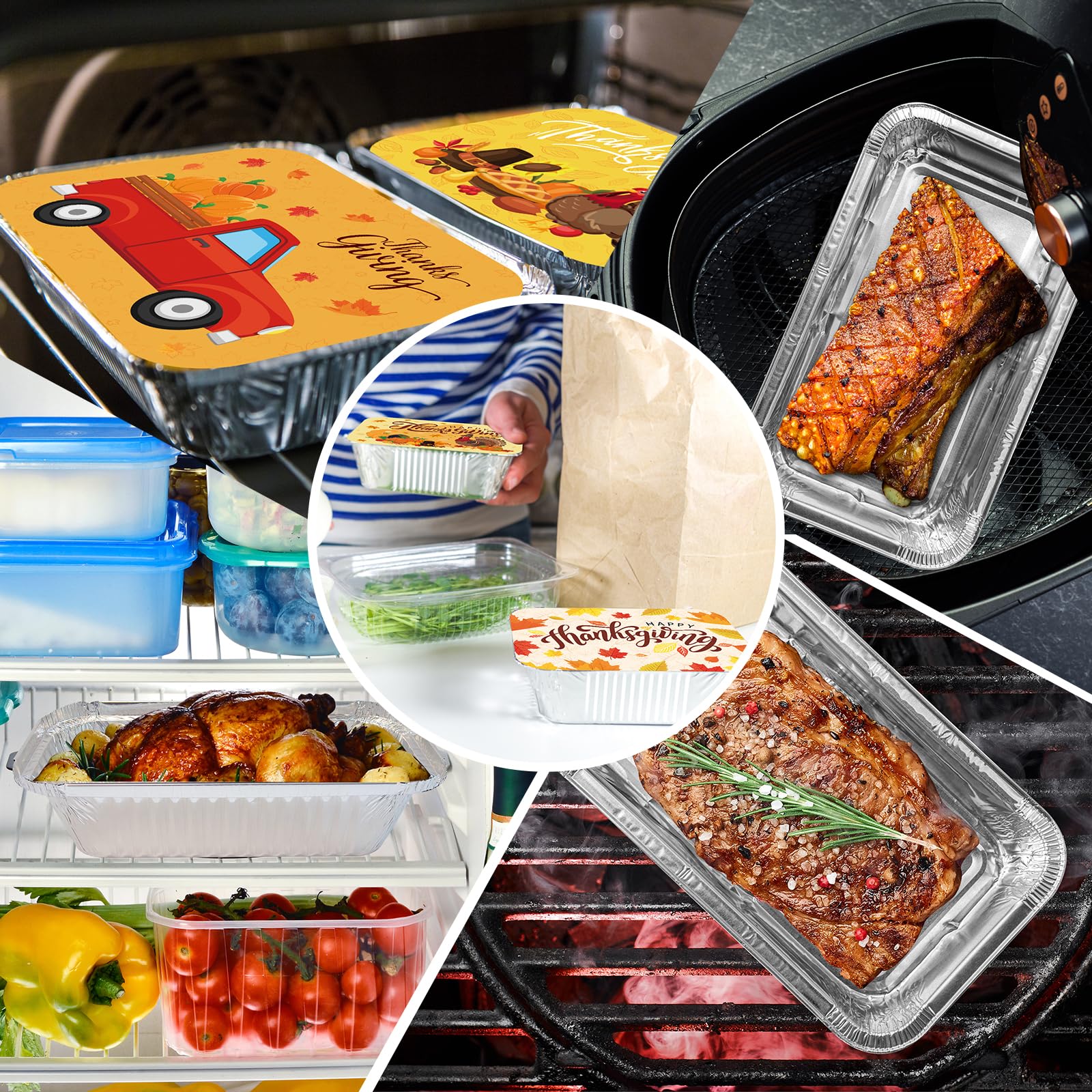 50Pcs Thanksgiving Take Home Containers Aluminum Food Containers with Lids Autumn Leftover Disposable Fall Hosting Essentials Party Favor Baking Cake Pans for Cooking,Heating,Roasting,BBQ 7.3x5.3 Inch