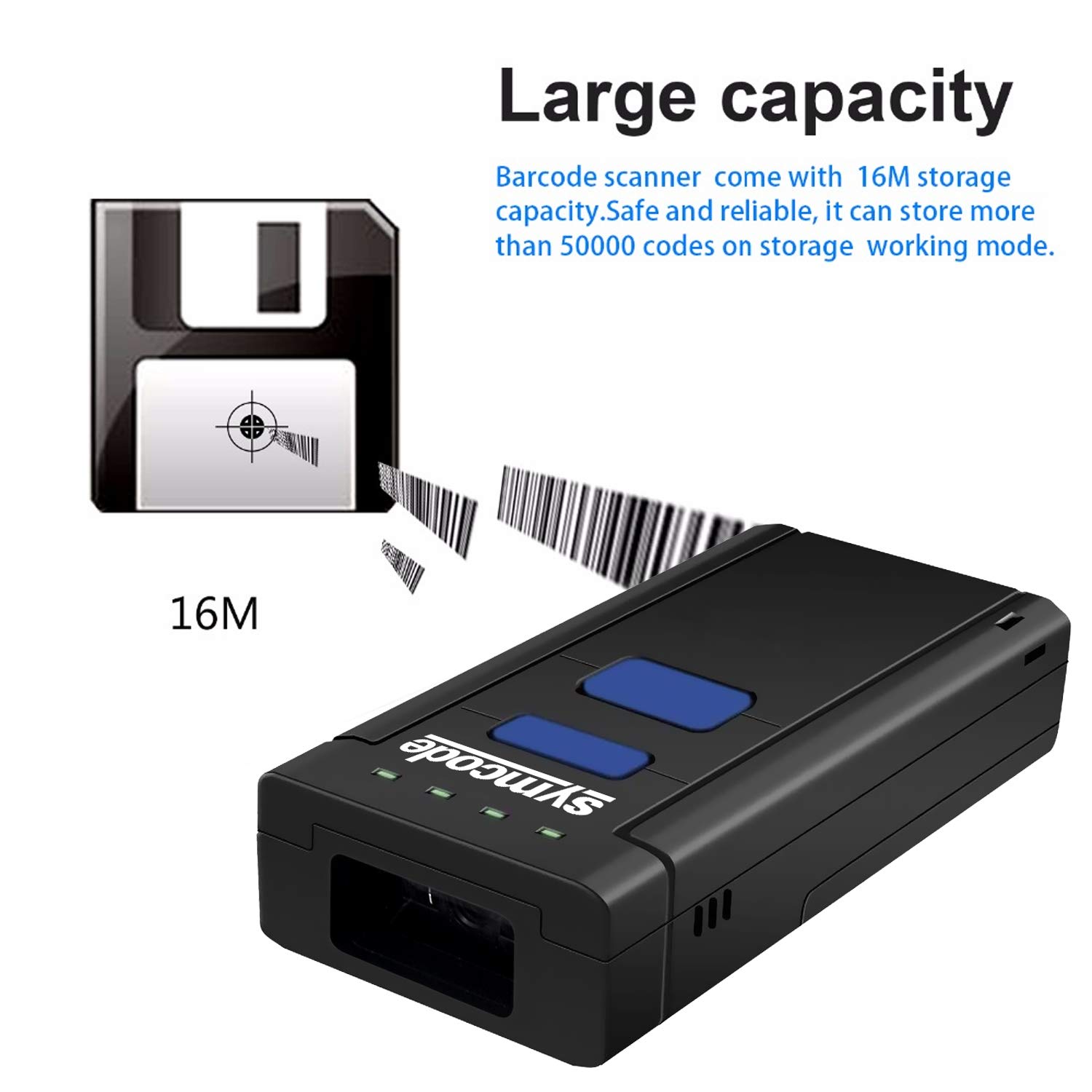 Symcode Bluetooth Wireless Barcode Scanner,Compatible with Bluetooth Function & 2.4GHz Wireless, Portable Barcode Reader Work with Windows, Mac,Android, iOS Phones, Tablets or Computers