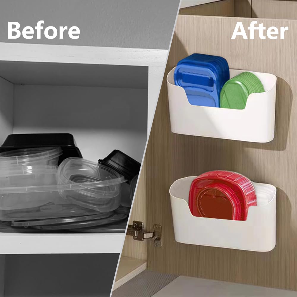 Bawuie Adhesive Cabinet Door Organizer, Lid Organizer for Food Storage Container Lid, Wall Mounted Over Pantry Door Organizer Bin Holder Caddy for Plastic Lid Kitchen Bathroom, White, 2 Pack