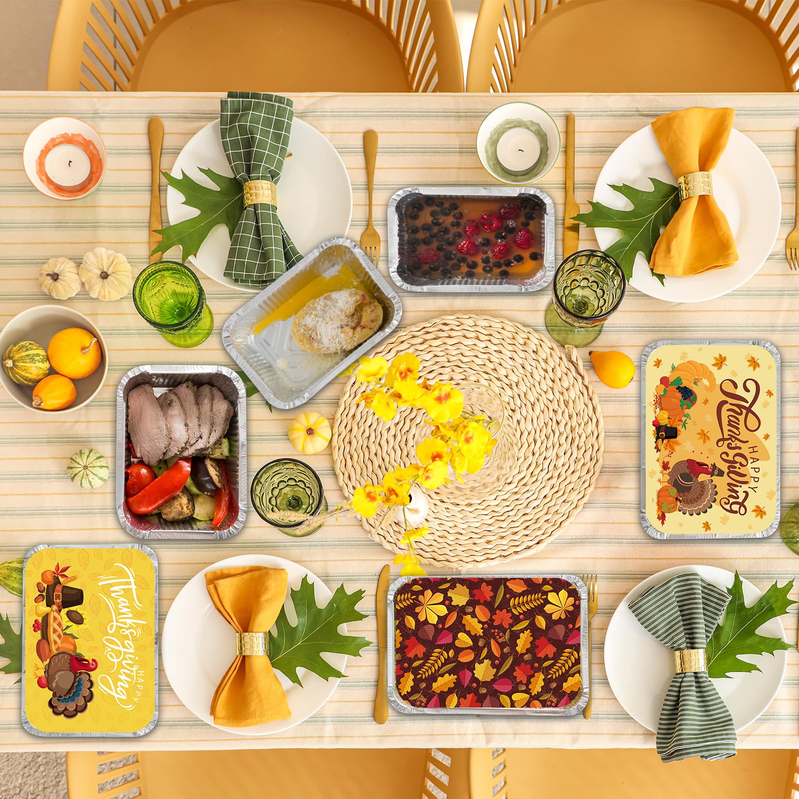 50Pcs Thanksgiving Take Home Containers Aluminum Food Containers with Lids Autumn Leftover Disposable Fall Hosting Essentials Party Favor Baking Cake Pans for Cooking,Heating,Roasting,BBQ 7.3x5.3 Inch