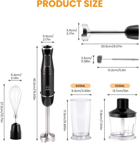 Immersion Blender Handheld, 800W 12-Speed Hand Blender, 5 in 1 Emersion Stick Blender Electric, 600ml Beaker, 500ml Chopper, Egg Whisk, Milk Frother