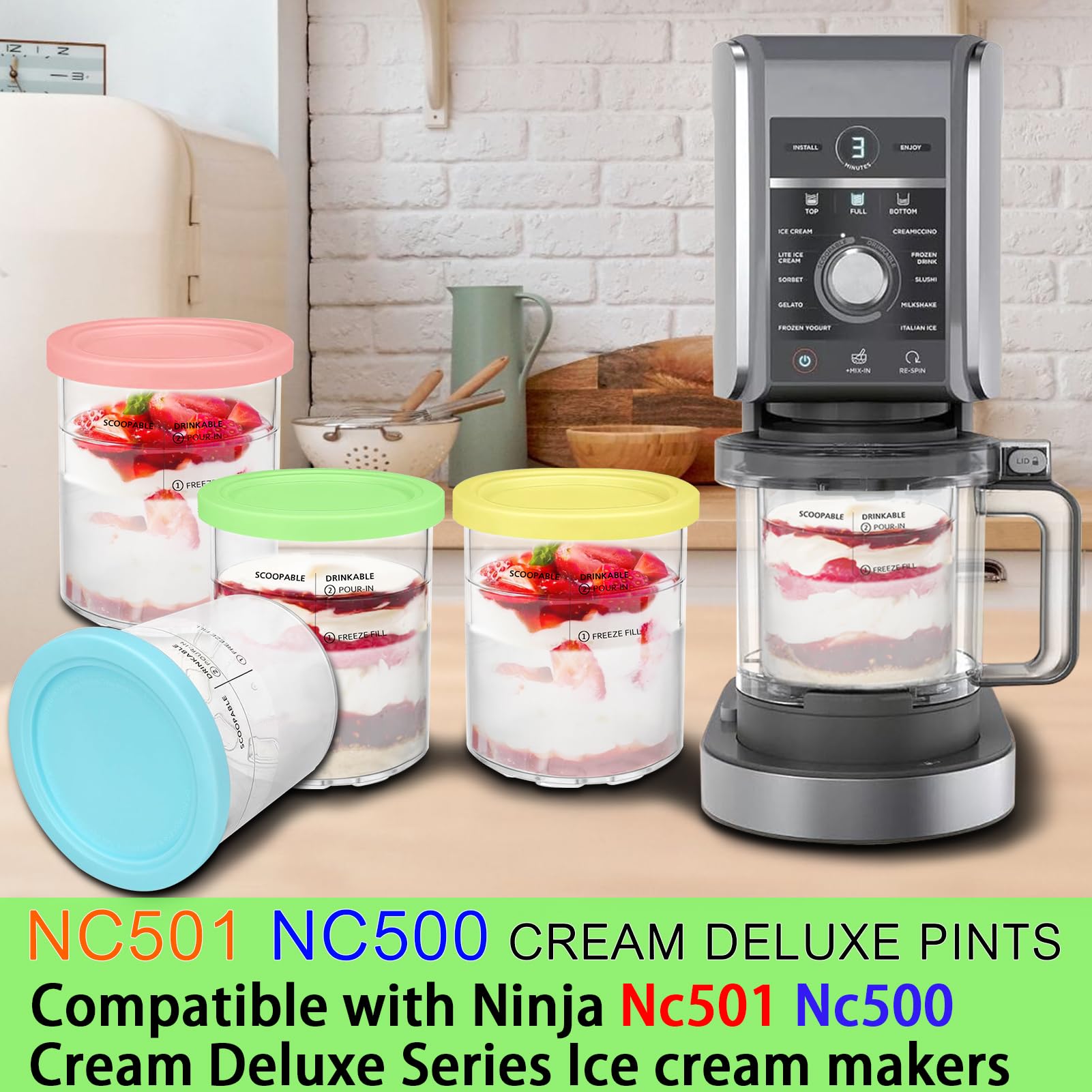 RYSIMWU For Ninja Creami Deluxe Pints and Lids 4 Pack, NC500 NC501 Ice Cream Pint fit for Ninja Delux Ice Cream Maker, 24 oz. food container for Ninja Creami Deluxe,Dishwasher Safe. (4)