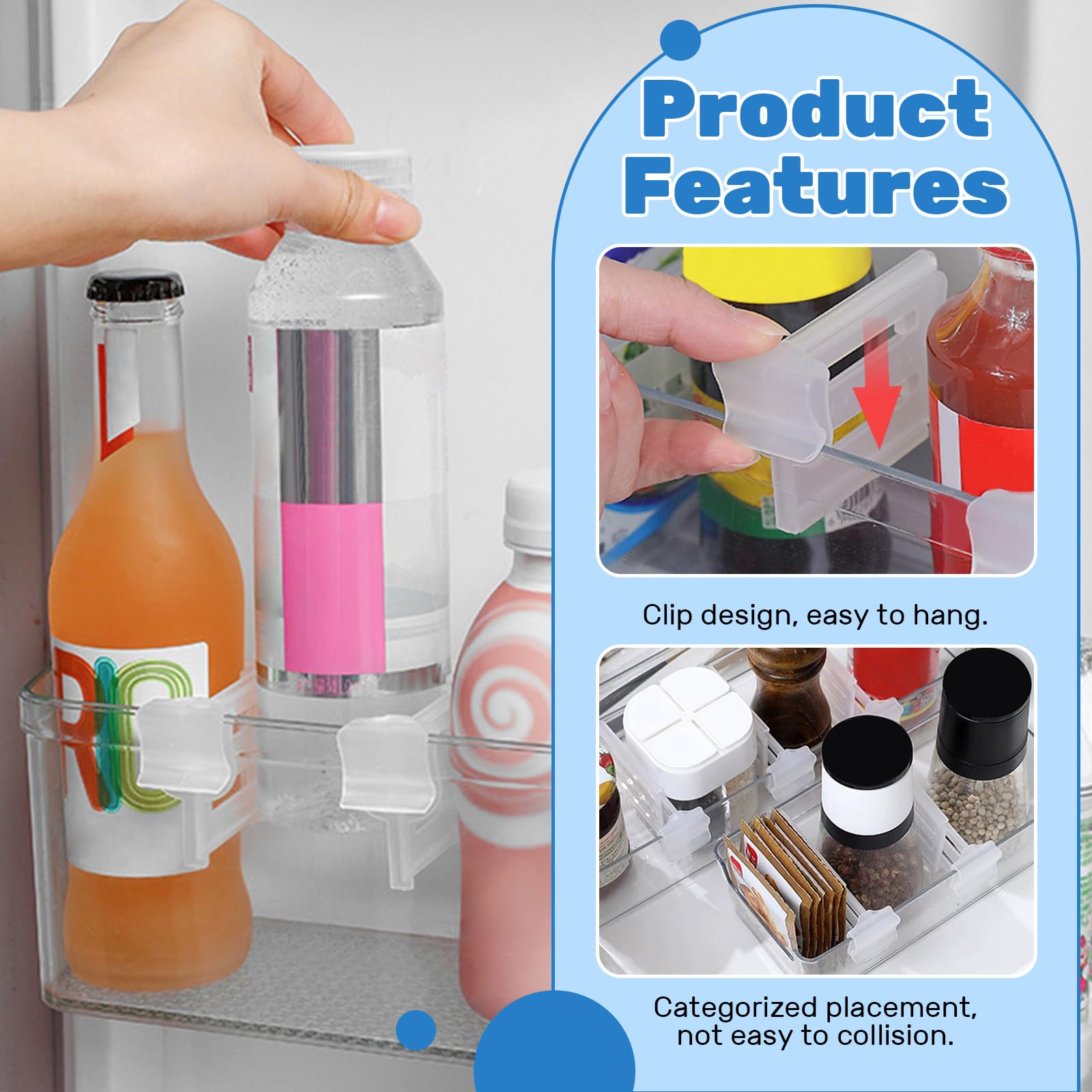 ASTIMESA 8 Pcs Adjustable Clear Fridge Divider Set, Retractable Fridge Door Organizer Clip, Snap-On Refrigerator Side Door Separators Grid Dividers for Kitchen Food Small Sundries Storage