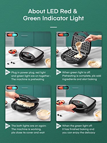 FOHERE 3-in-1 Sandwich Maker, Waffle Maker, Sandwich Grill, Portable Electric Panini Press with Removable Non-Stick Plates, LED Indicator Lights, Cool Touch Handle, Toaster, Grilled Cheese Machine