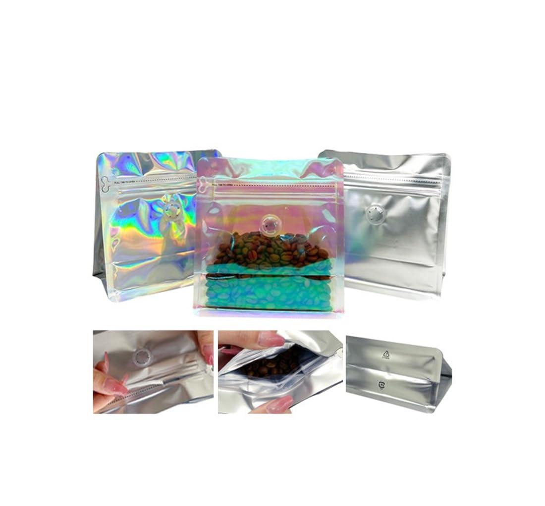 25 Count 8oz 16oz Coffee Bag with Valve Stand up Zipper Pouch Holographic Pink Silver Coffee Bags with Air Release Valve High Barrier Side Zip Lock Coffee Bean Storage Bag Resealable Bags (Silver)
