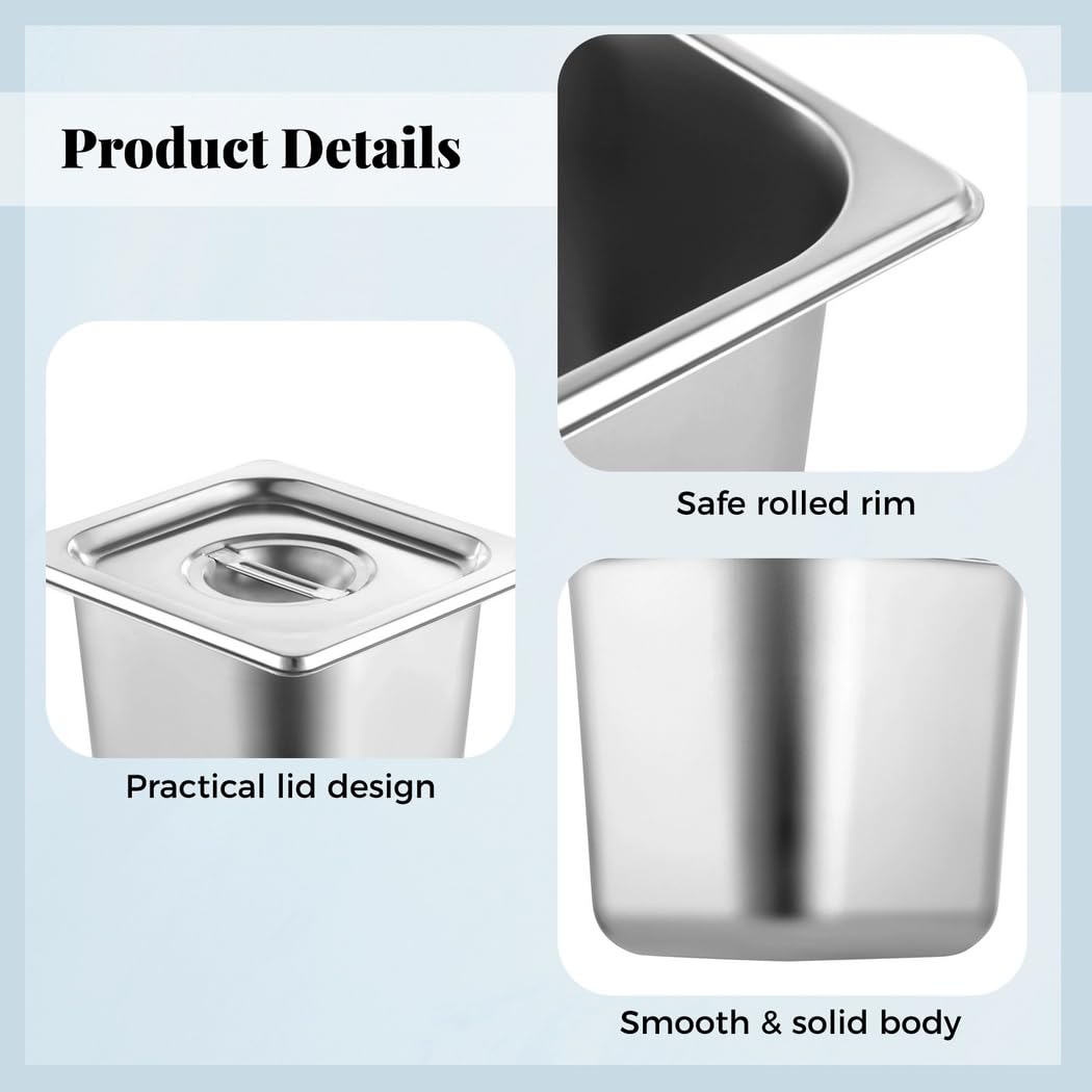 8 Pack Hotel Pans 1/6 Size with Lid, 6 inch Deep Stainless Steel Steam Table Pan, Anti Jam Steam Pan Metal Food Pans for Restaurant Cafeteria Party Catering