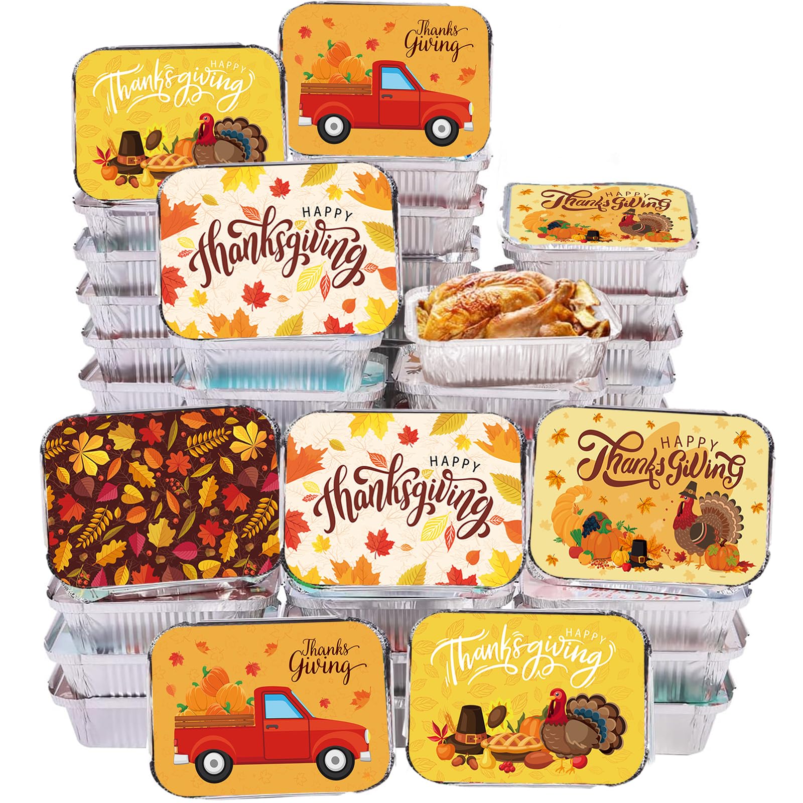 50Pcs Thanksgiving Take Home Containers Aluminum Food Containers with Lids Autumn Leftover Disposable Fall Hosting Essentials Party Favor Baking Cake Pans for Cooking,Heating,Roasting,BBQ 7.3x5.3 Inch