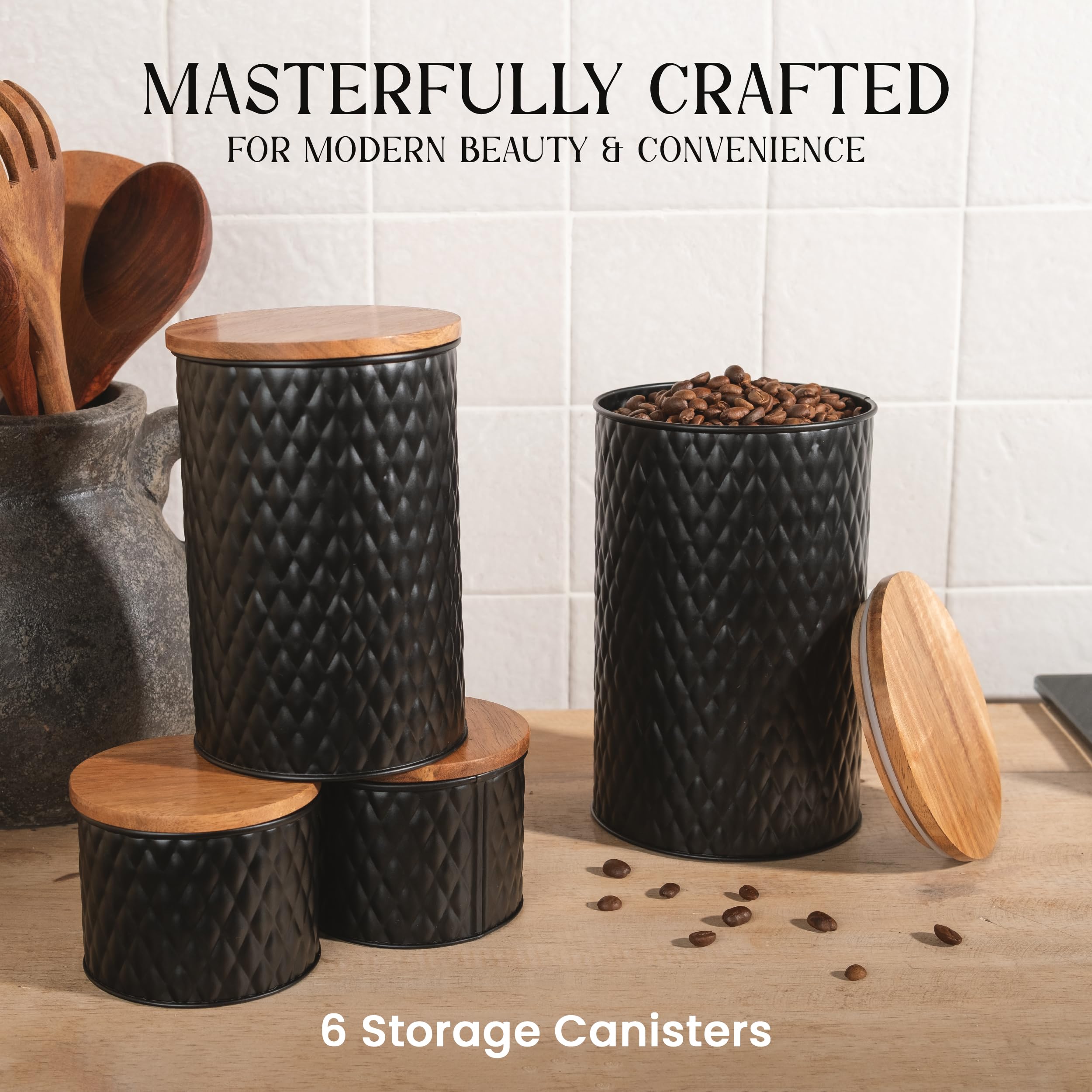 Alasitas 6 Canister Set for the Kitchen Countertop β Galvanized Metal Food Storage Canisters with Airtight Lids for Flour, Tea, Crafts, Coffee, & Sugar β Container Set with Modern Wood Lids, Black