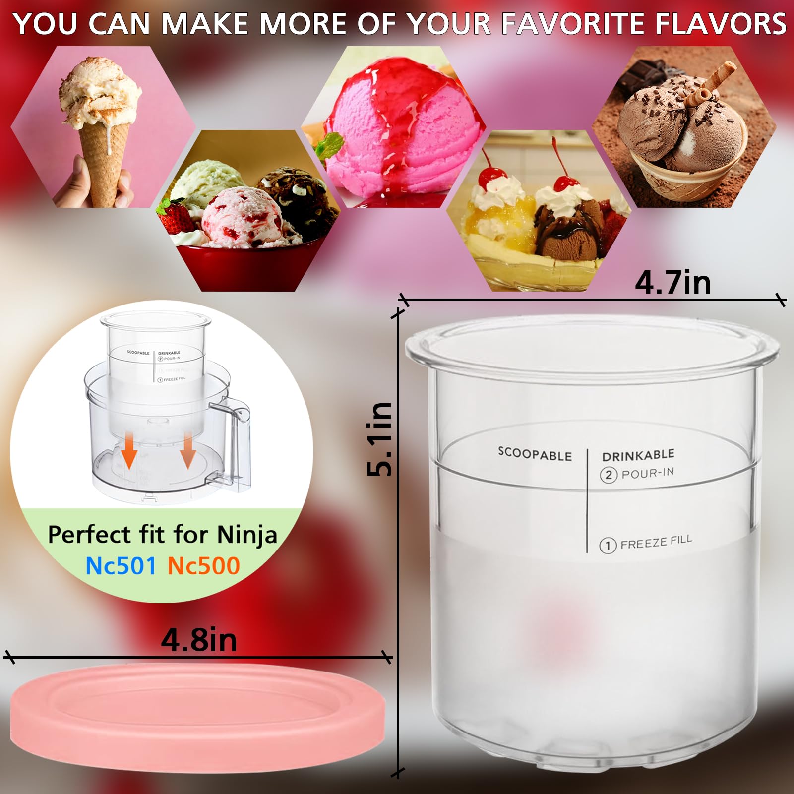 RYSIMWU For Ninja Creami Deluxe Pints and Lids 4 Pack, NC500 NC501 Ice Cream Pint fit for Ninja Delux Ice Cream Maker, 24 oz. food container for Ninja Creami Deluxe,Dishwasher Safe. (4)