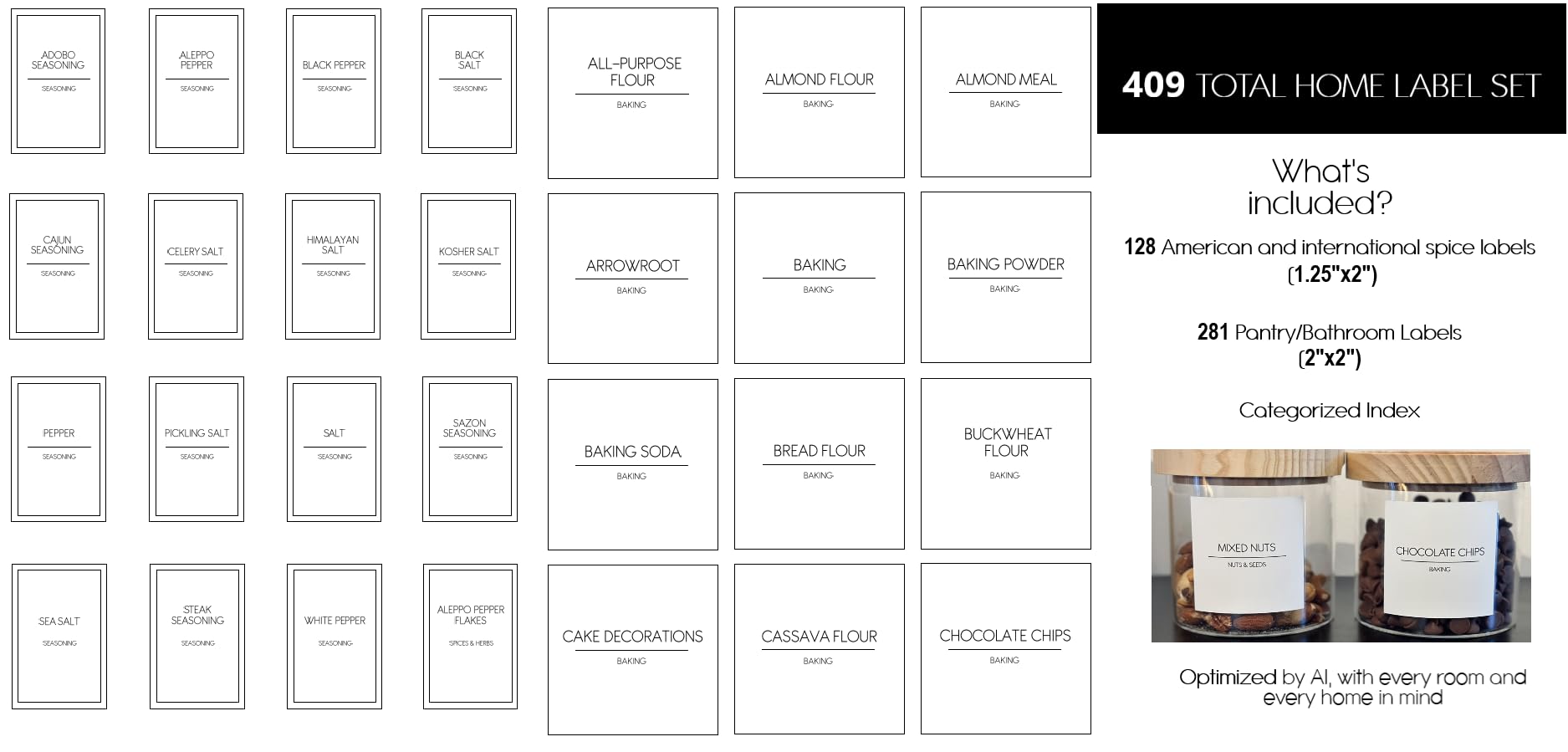 Minimalist 409-Piece Label Set: Elegant, Waterproof Stickers for organizing Global Spices, Pantry, Food Storage, Bathroom and Home Essentials Jars, Bins, and Containers
