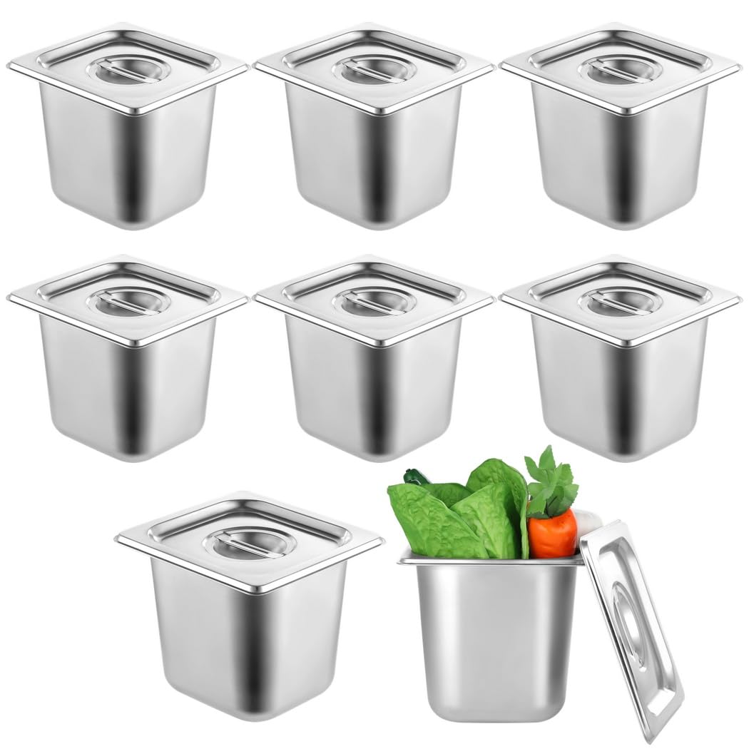 8 Pack Hotel Pans 1/6 Size with Lid, 6 inch Deep Stainless Steel Steam Table Pan, Anti Jam Steam Pan Metal Food Pans for Restaurant Cafeteria Party Catering