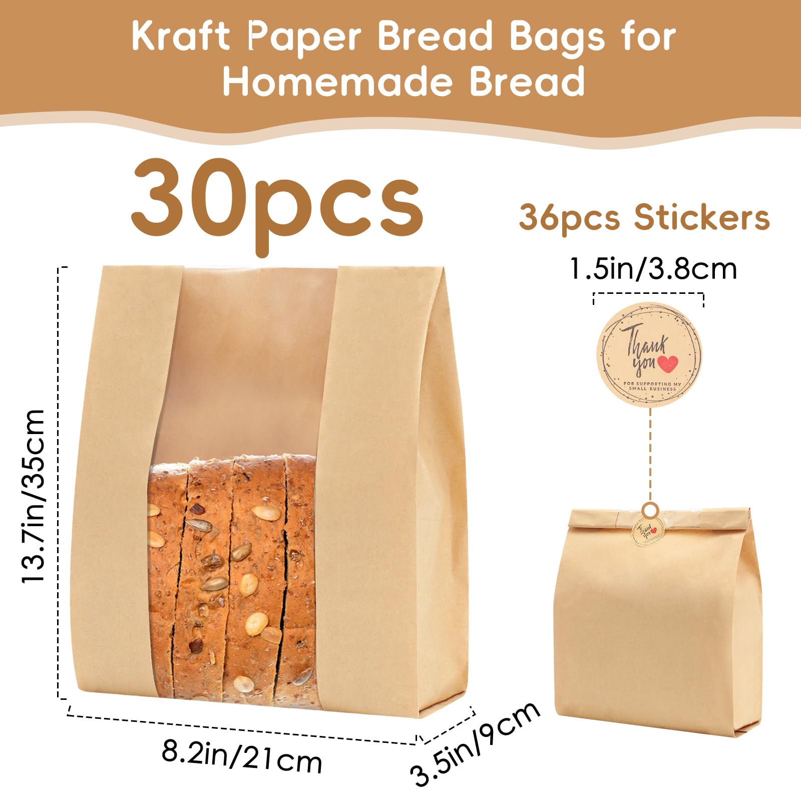 30 Pack Paper Bread Bags for Homemade Bread Sourdough Bread Bags Large Bread Storage Bags with Window and Label Seal Sticker for Bakery Loaf Cookie(13.7x8.2x3.5 inch)