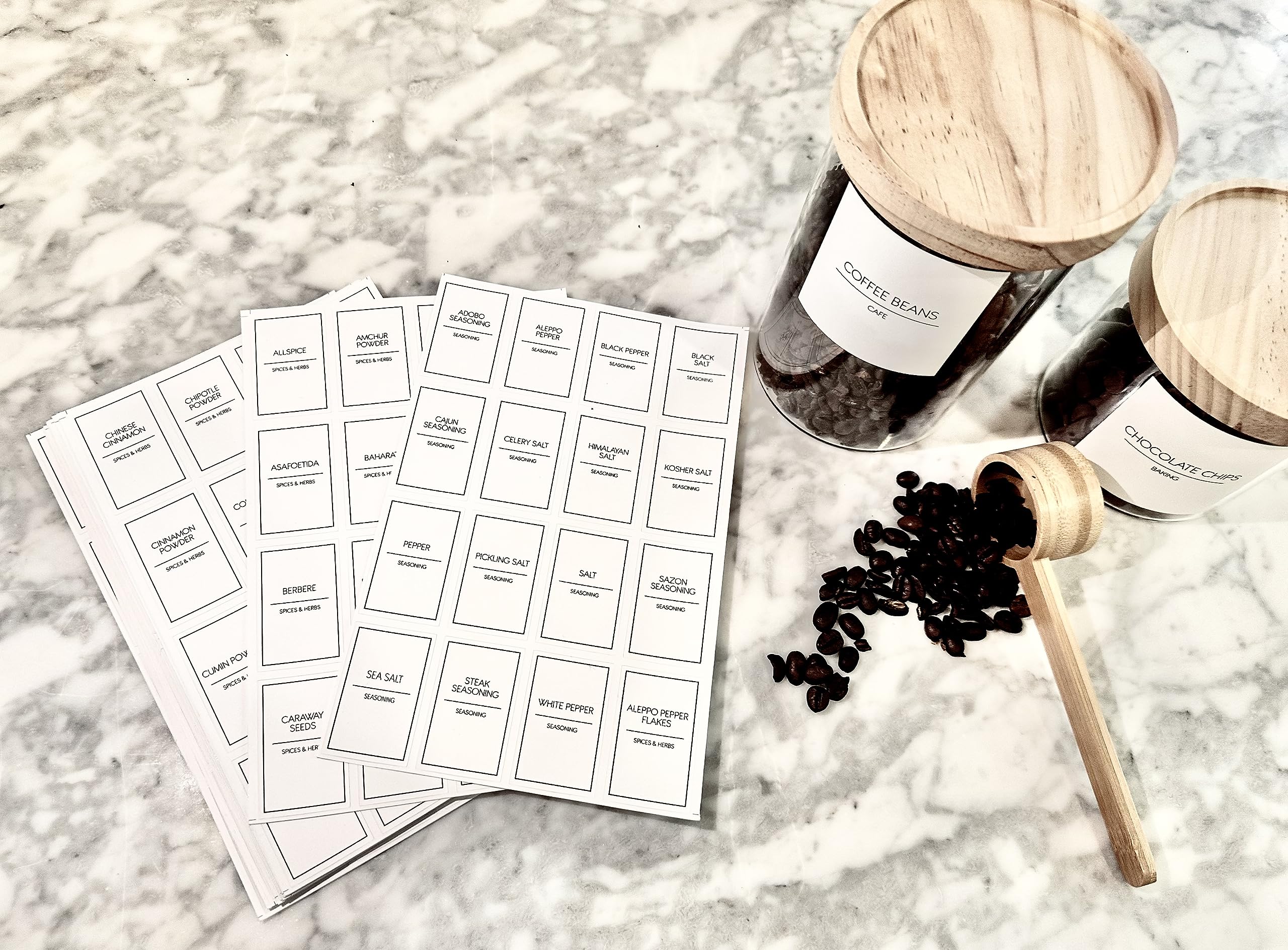 Minimalist 409-Piece Label Set: Elegant, Waterproof Stickers for organizing Global Spices, Pantry, Food Storage, Bathroom and Home Essentials Jars, Bins, and Containers