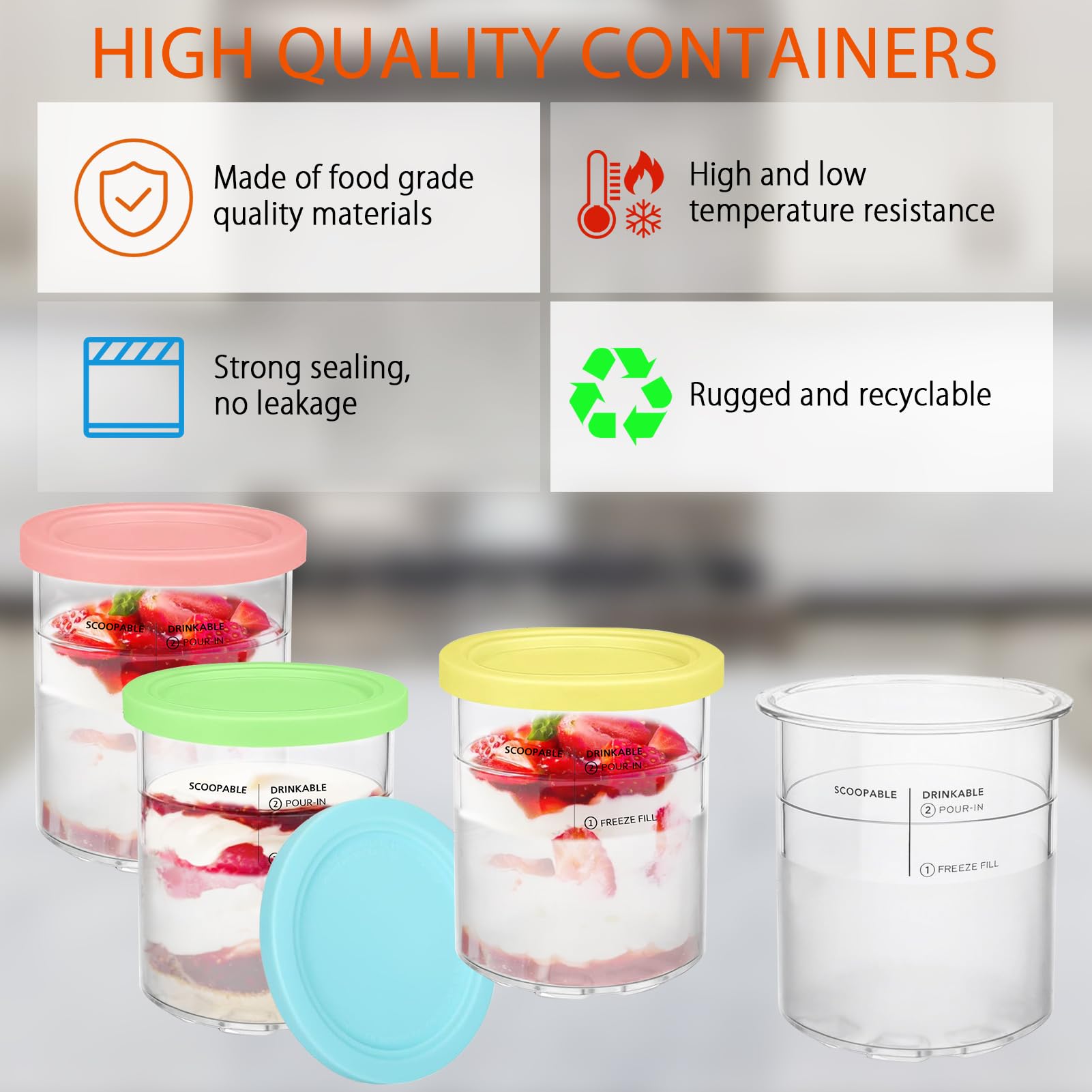 RYSIMWU For Ninja Creami Deluxe Pints and Lids 4 Pack, NC500 NC501 Ice Cream Pint fit for Ninja Delux Ice Cream Maker, 24 oz. food container for Ninja Creami Deluxe,Dishwasher Safe. (4)