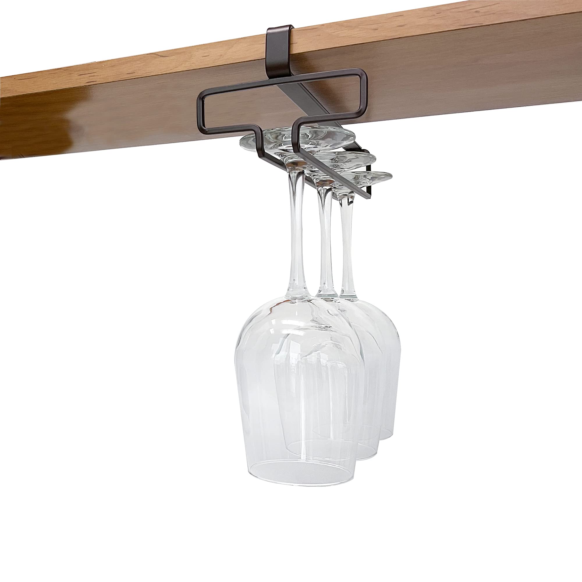KOMONG Bronze Wine Glass Holder under Shelf, Hanging Wine Glass Rack under Cabinet, No Screw Stemware Rack Hanger, No drilling Wine Glass Storage Organizer, Set of 2