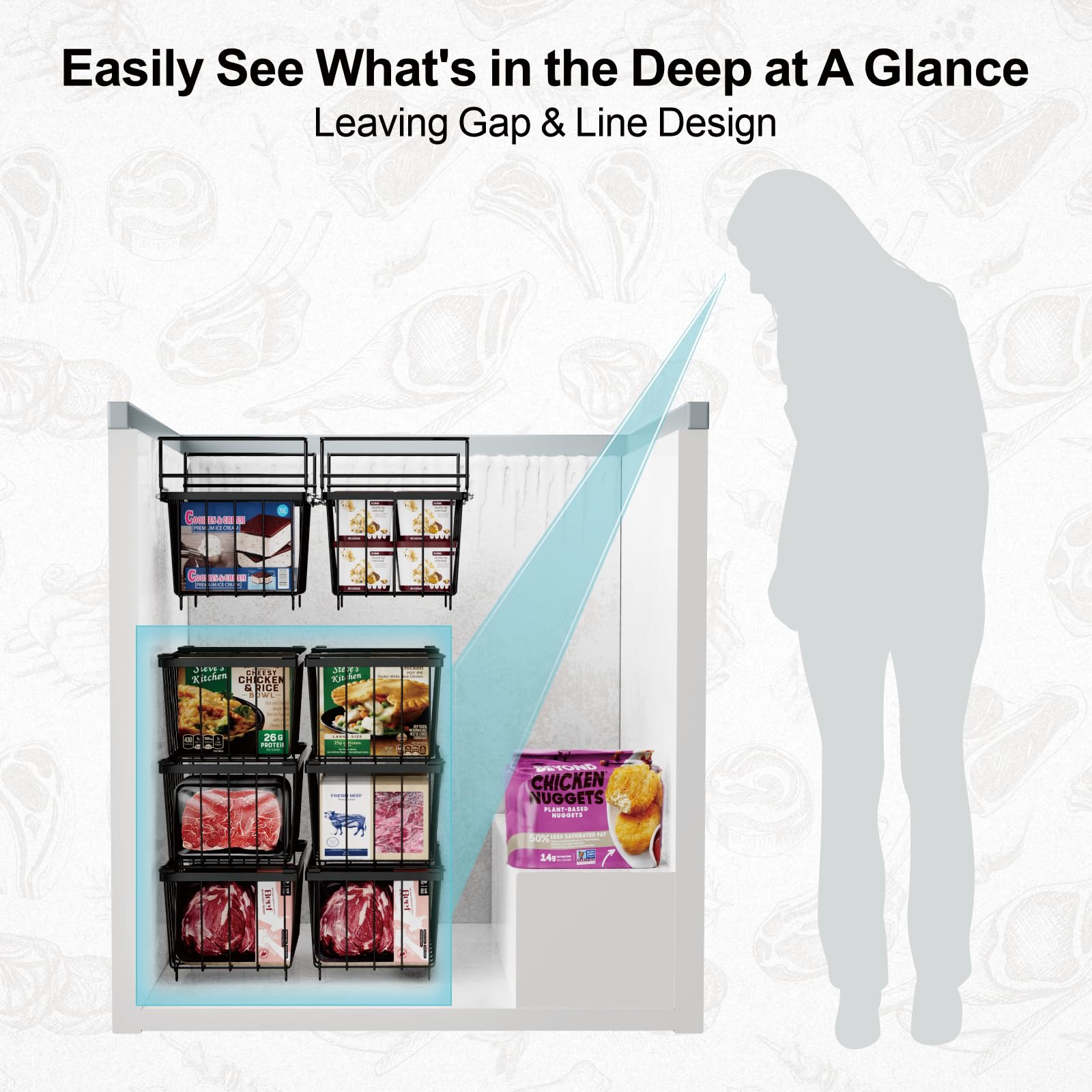 iSPECLE Freezer Organizer Bins - Fit 7 Cu.Ft Chest Freezer, Expand from 15.8" to 18.1" (L) Deep Freezer Organizer Bins, 2 Pack Small Hanging Freezer Baskets for Chest Freezer, Black
