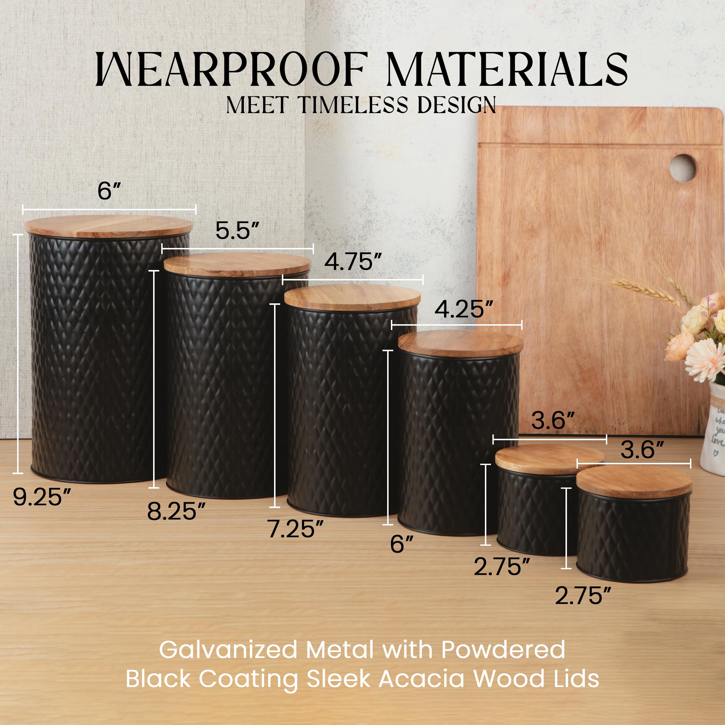 Alasitas 6 Canister Set for the Kitchen Countertop β Galvanized Metal Food Storage Canisters with Airtight Lids for Flour, Tea, Crafts, Coffee, & Sugar β Container Set with Modern Wood Lids, Black