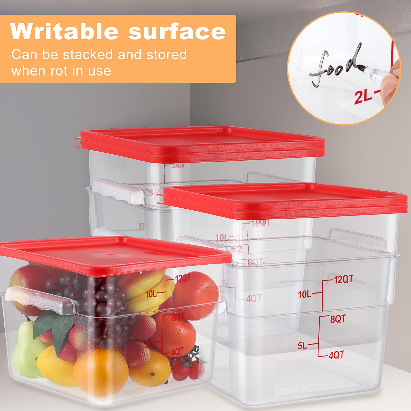 Ziliny 8 Pack Polycarbonate Square with Red Lids 12 Qt Food Storage Containers Commercial Airtight Clear Bucket Brining Food Container