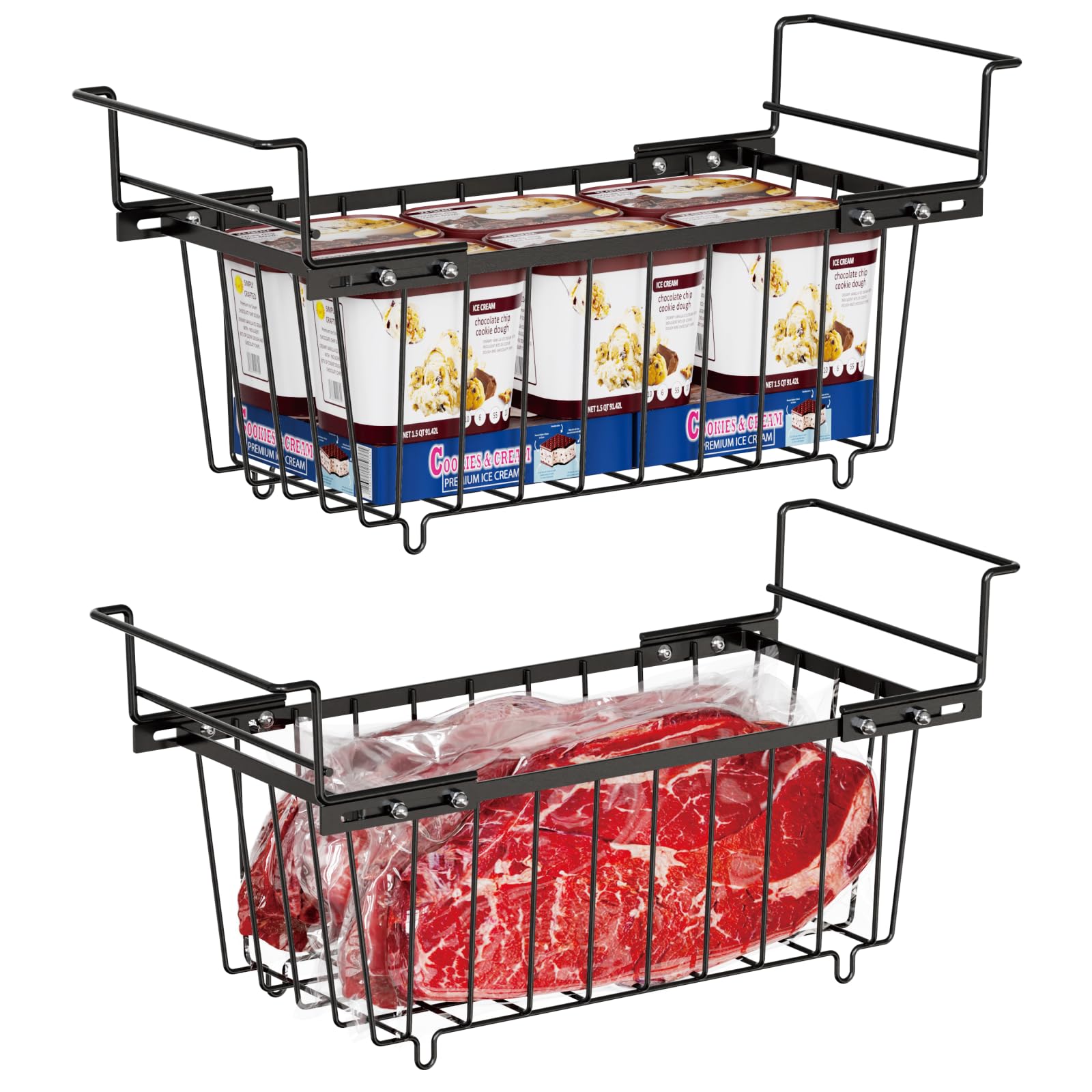 iSPECLE Freezer Organizer Bins - Fit 7 Cu.Ft Chest Freezer, Expand from 15.8" to 18.1" (L) Deep Freezer Organizer Bins, 2 Pack Small Hanging Freezer Baskets for Chest Freezer, Black