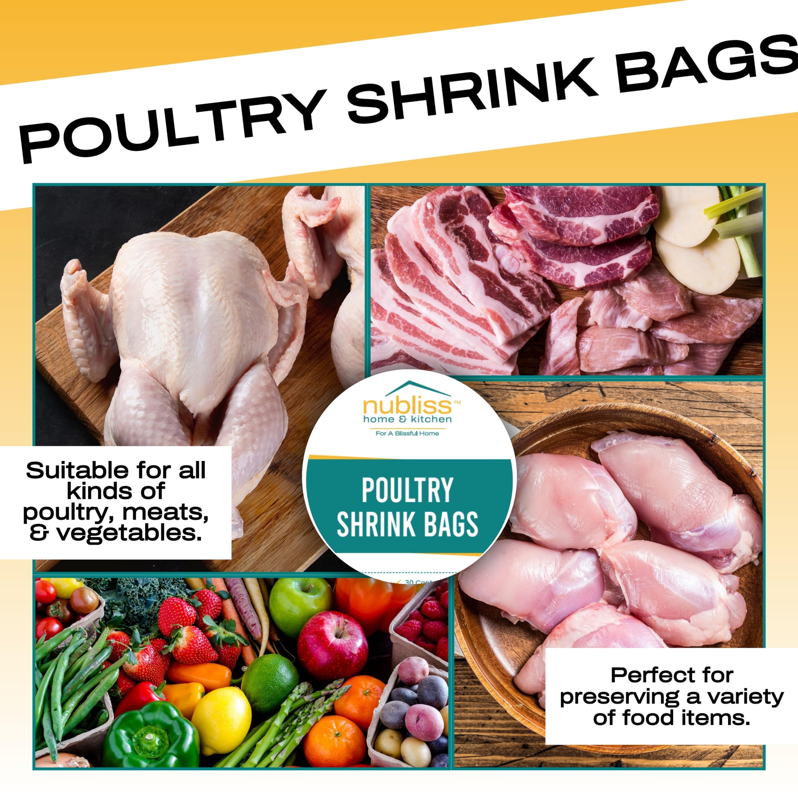 NuBliss Poultry Shrink Wrap Bags,13x18 Inches Poultry Heat Shrink Bags Freezer, Includes Zip Ties, Labels, and 2 Insert Straws, Thick Clear Shrink Wrap for Chicken, Meats, and Vegetables (30)
