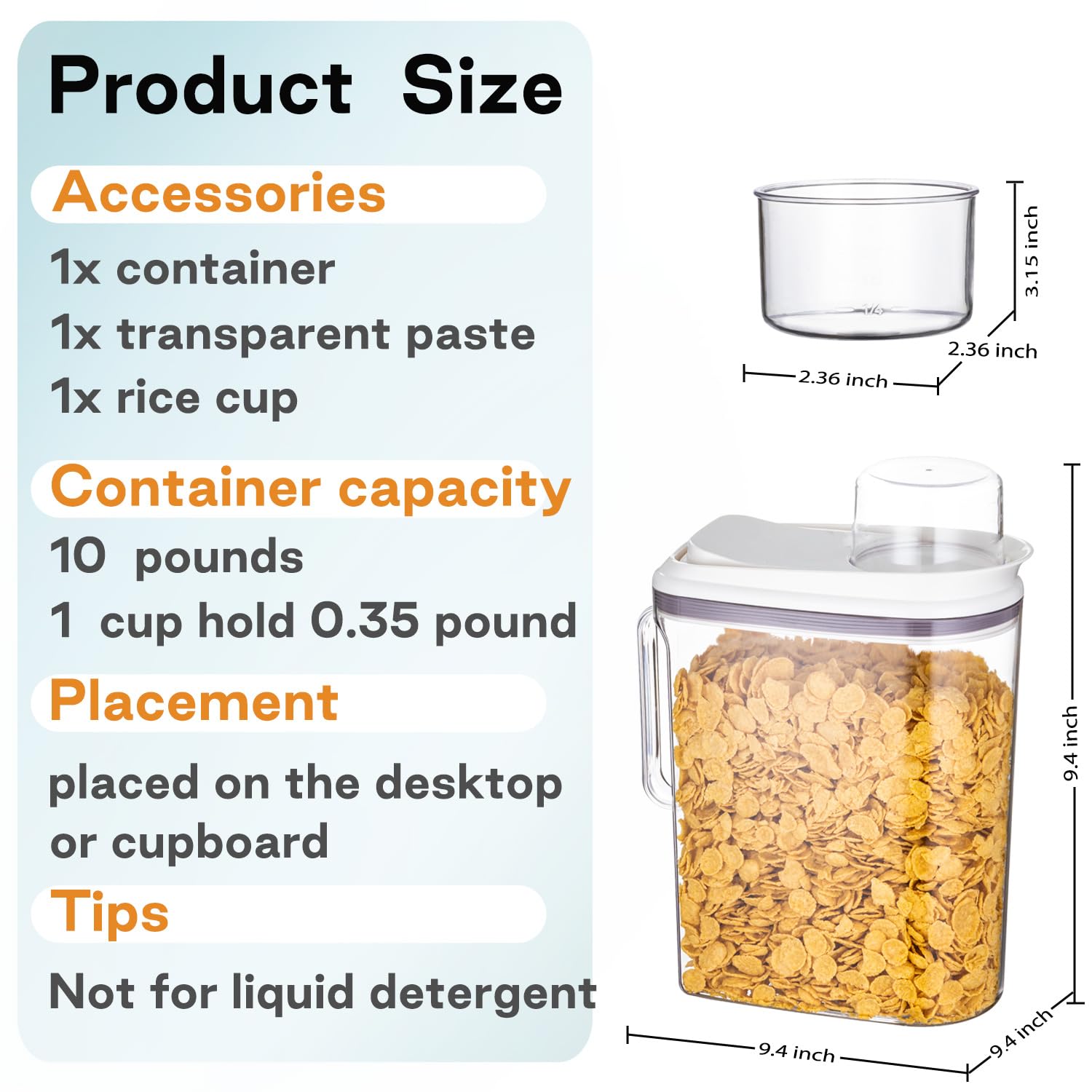 LivLab Cereal Container - 5Lbs Good Grips Airtight Rice Storage Bin Pet Food Dispenser with Lid + Measuring Cup Perfect for Pet Food & Kitchen Pantry Organization