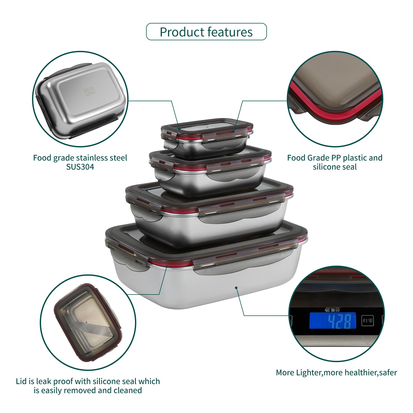 YLARMY 4PCS Stainless steel Food Storage Container with lids - Leakproof & Airtight for Kitchen,Meal Prep Lunch Box, Stackable Leftover Containers for Freezer Oven Safe 220ml/600ml/1500ml/2900ml