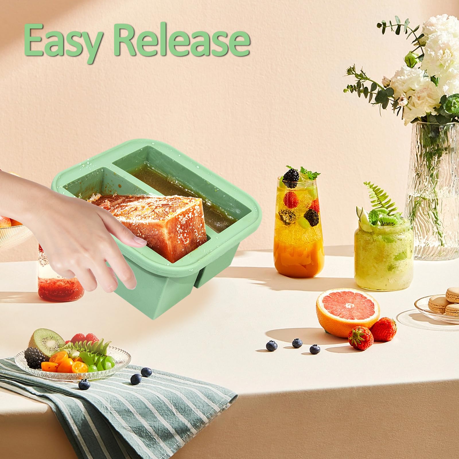 KEVJES Silicone Soup Freezer Cube Container with lid-Easy Meal Prep Container-Leftover Food Storage-Freeze&Store Soup Broth,Sauce,Leftovers-Green-2Pack