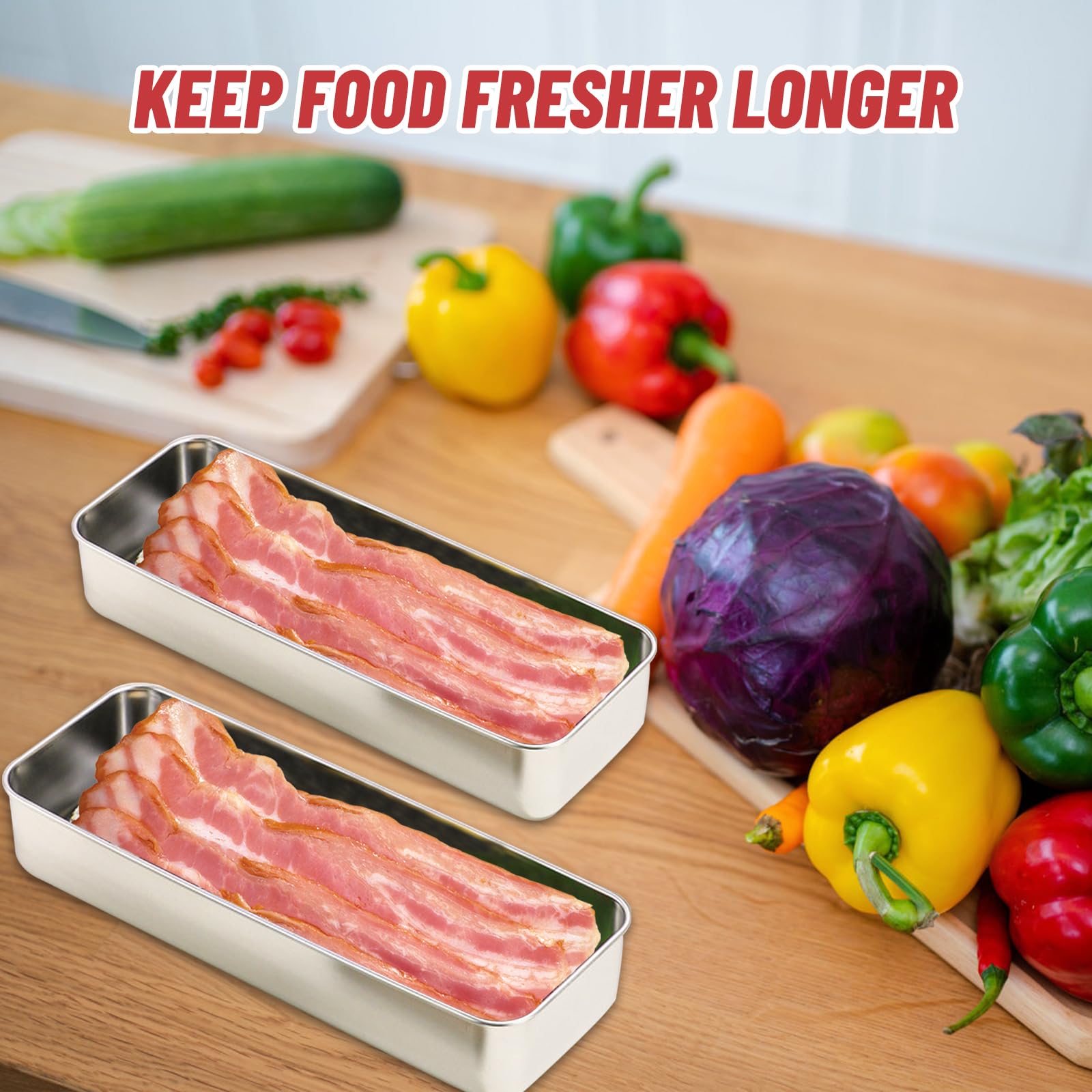 2pcs Bacon Container for Refrigerator, 304 Stainless Steel Airtight Deli Meat Storage Containers for Fridge, Cheese Container for Fridge, Lunch Meat Container with Lids, Kitchen Storage Containers