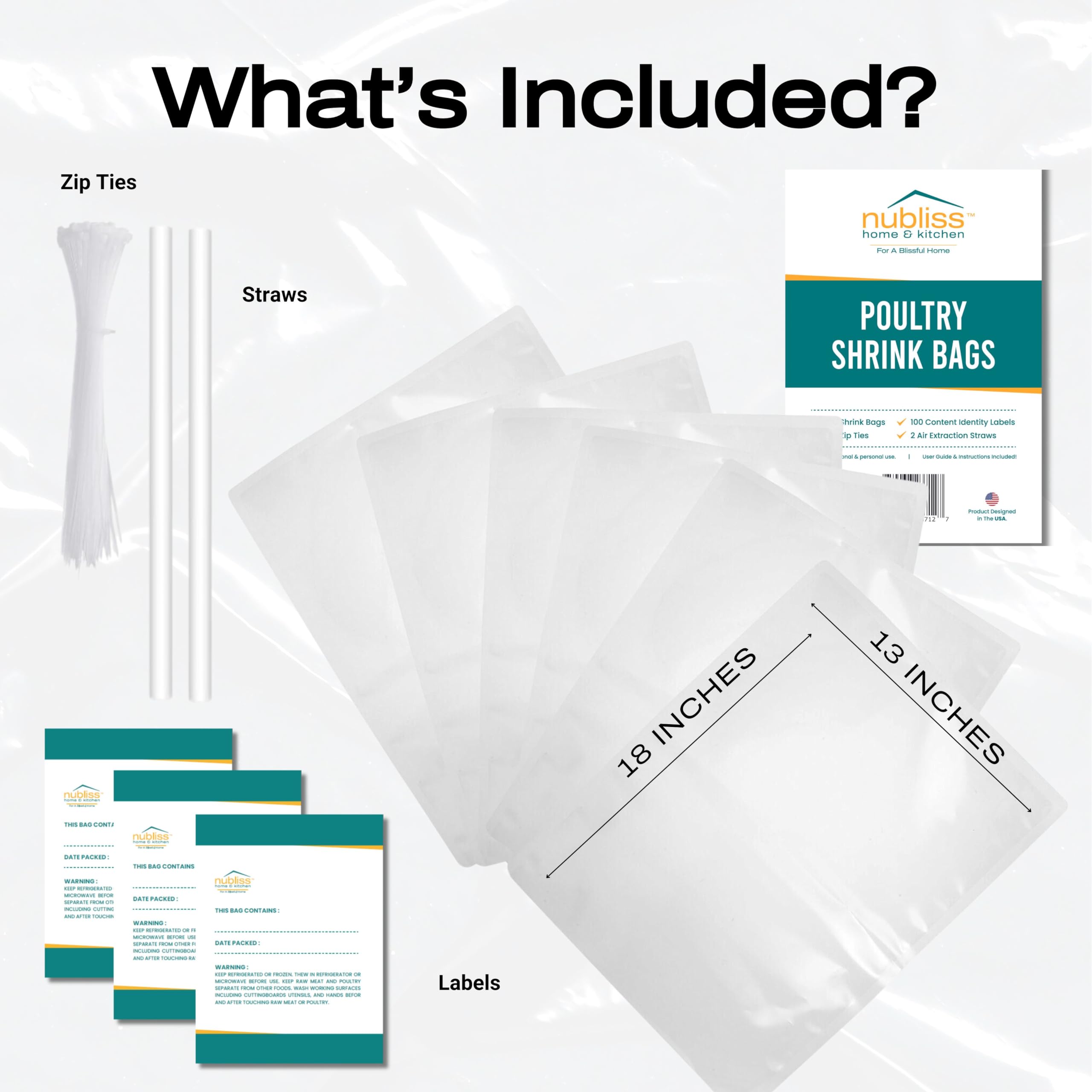 NuBliss Poultry Shrink Wrap Bags,13x18 Inches Poultry Heat Shrink Bags Freezer, Includes Zip Ties, Labels, and 2 Insert Straws, Thick Clear Shrink Wrap for Chicken, Meats, and Vegetables (30)