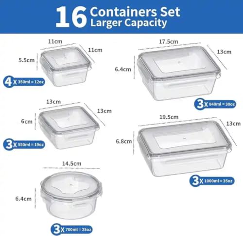Freezer Microwave BPA Free Airtight - 16 Food Storage Containers - 16 Container Set Medium Kitchen Microwave Refrigerator Plastic with Easy Snap Lids