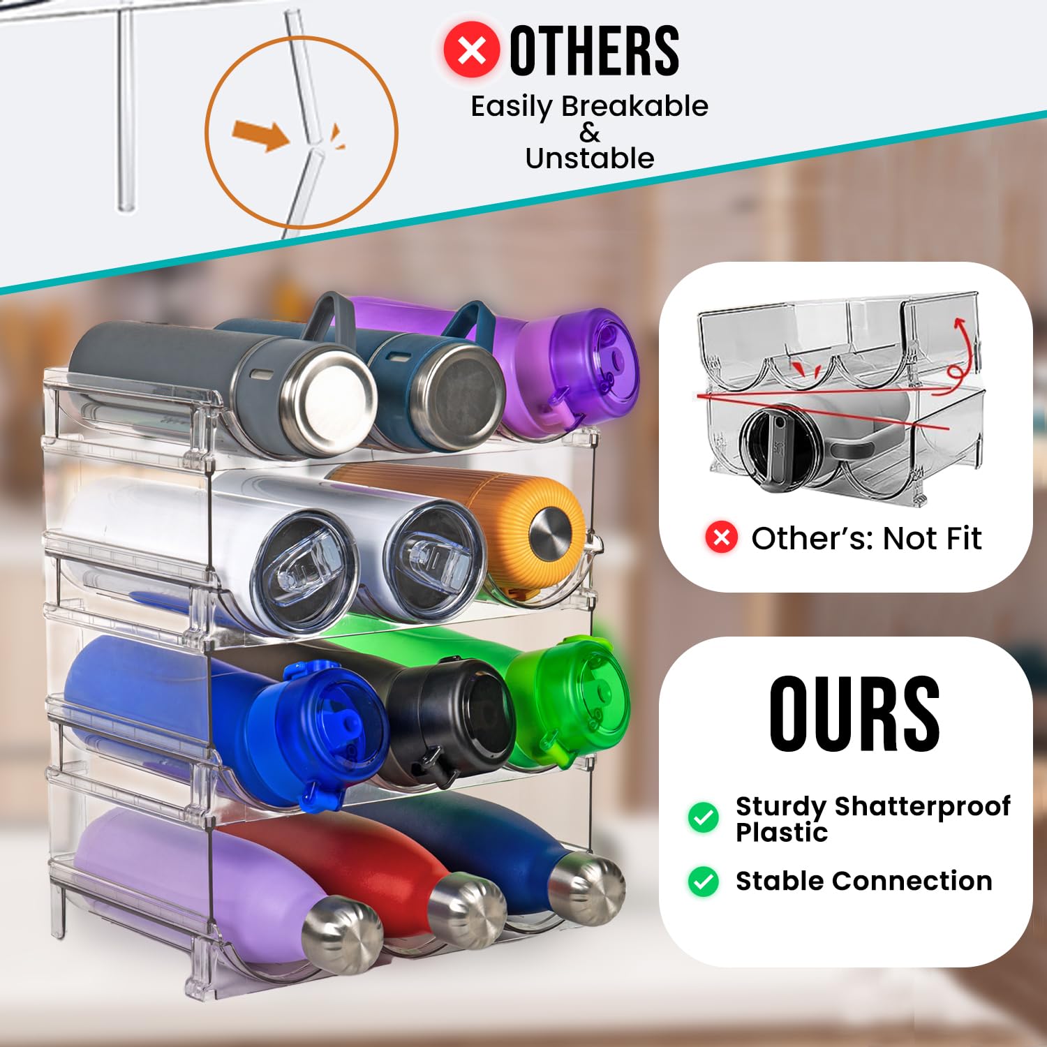 Shelfora 4-Tier Stackable Water Bottle Organizer for Cabinet – Clear Holder for Tumblers, Cups, Travel Mugs, Wine Bottles – Home Kitchen and Refrigerator Storage – Holds 12 Bottles