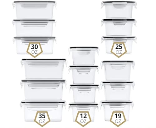 Freezer Microwave BPA Free Airtight - 16 Food Storage Containers - 16 Container Set Medium Kitchen Microwave Refrigerator Plastic with Easy Snap Lids