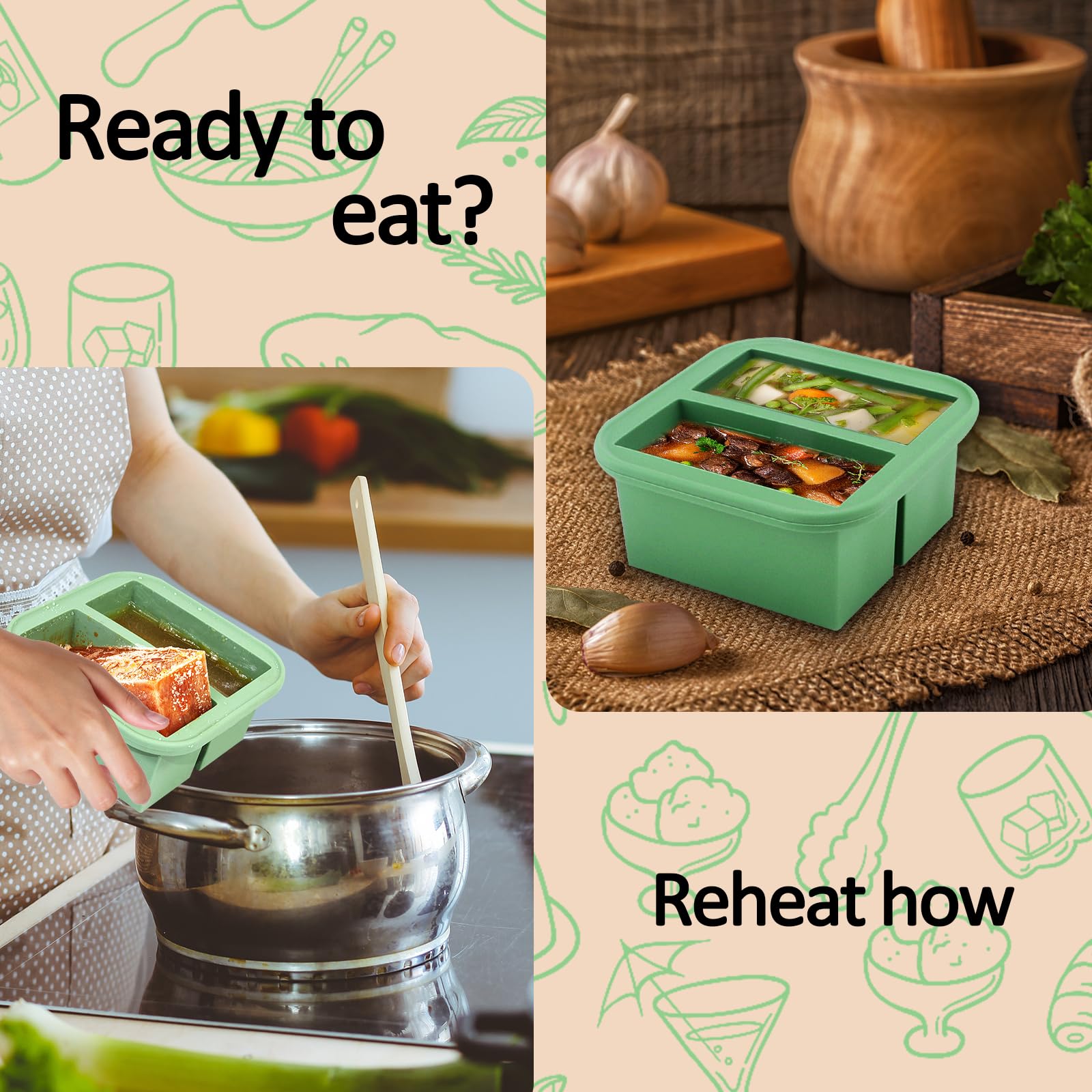 KEVJES Silicone Soup Freezer Cube Container with lid-Easy Meal Prep Container-Leftover Food Storage-Freeze&Store Soup Broth,Sauce,Leftovers-Green-2Pack