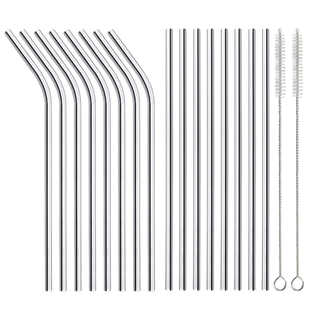 ANNVCHI 16 Pack of Reusable Stainless Steel Metal Straws, 8 Straight + 8 Bent 8.5 inch Metal Straws with 2 Cleaning Brushes, Straw Compatible with 20oz Stanley Cup